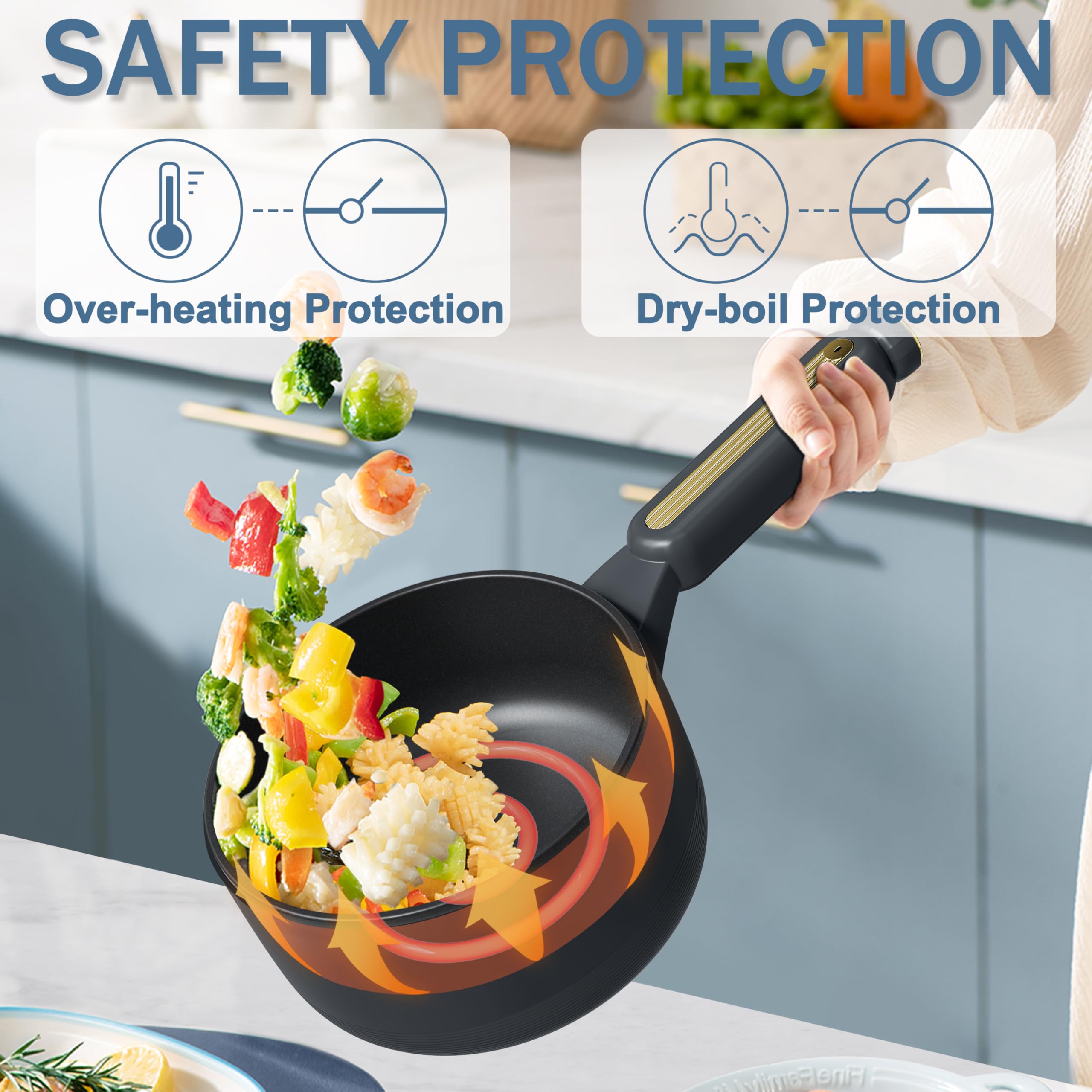 TOPWIT Hot Pot Electric with Steamer, 2L Multifunctional Electric Pot, Non-Stick Fring Pan, Portable Pot for Steak, Fried Rice, Ramen, Soup with Dual Power Control (Silicone Spatula Included), Grey