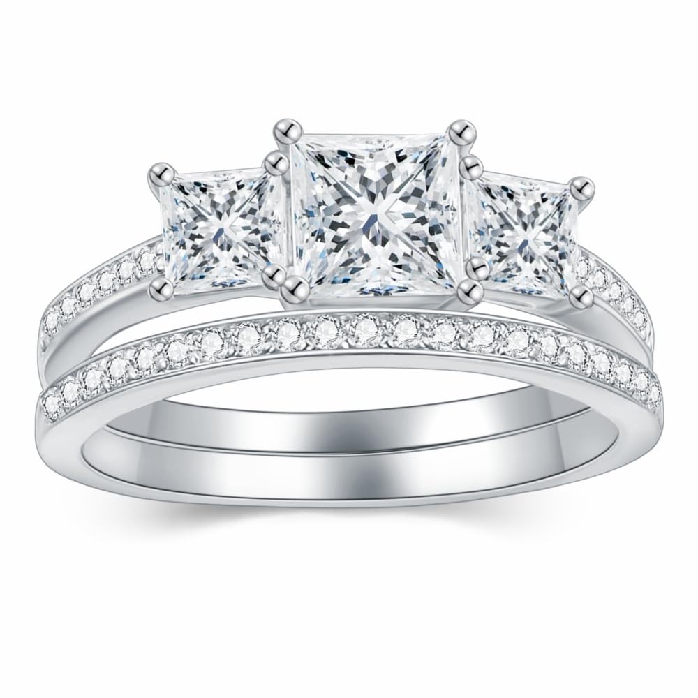 Princess Cut Wedding Ring Set for Women White Gold 3 Stone Moissanite Bridal Ring Set Engagement Ring Set 10K 14K 18K Gold Anniversary Promise Rings for Her with Text Engraving(14K
