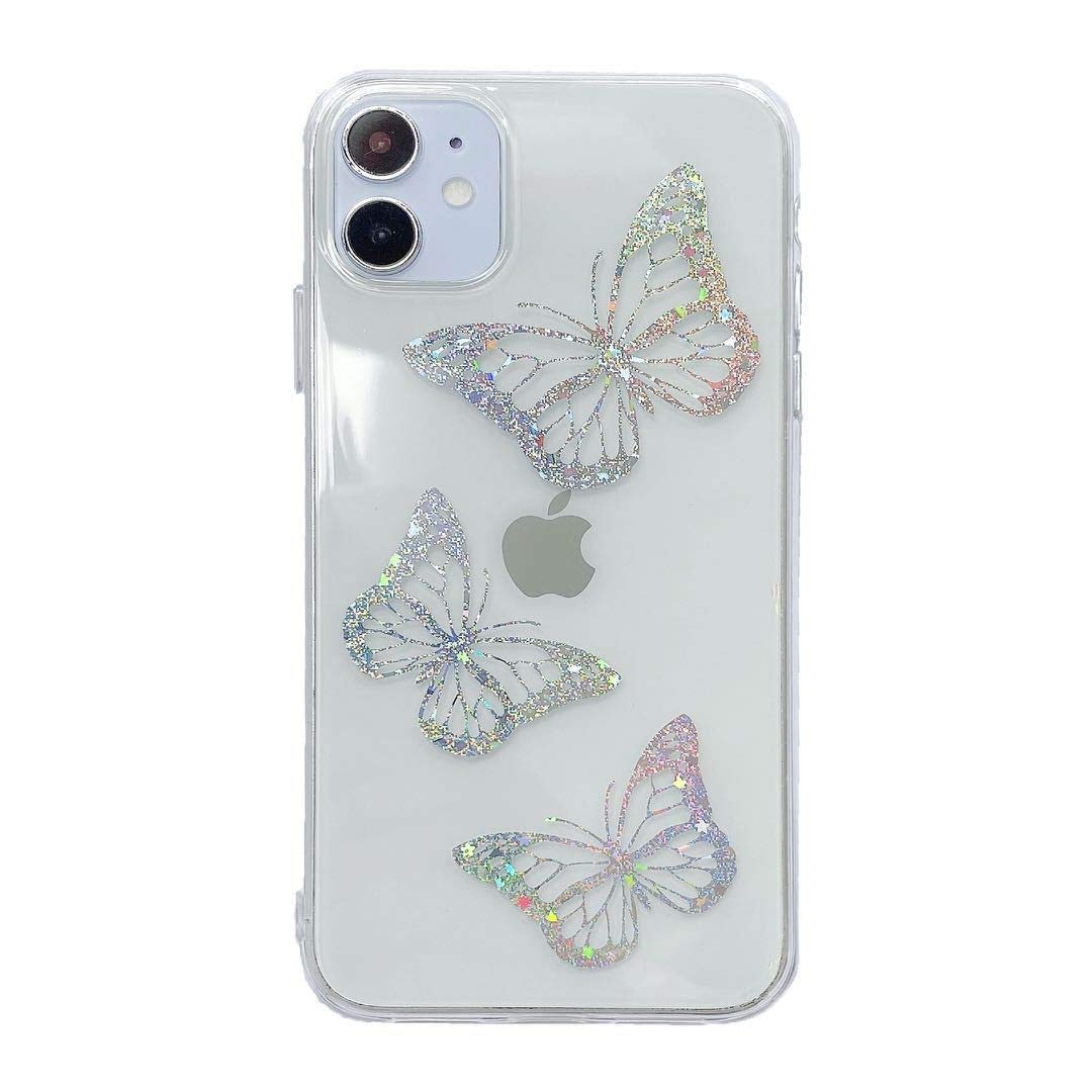 LUSAMYE iPhone 11 Case with Screen Protector, Clear Cute Butterfly Design Soft TPU Electroplated Cover Bling Glitter Cool Slim Trendy Pattern for Girl Women Apple iPhone 11 Phone Case - Butterfly