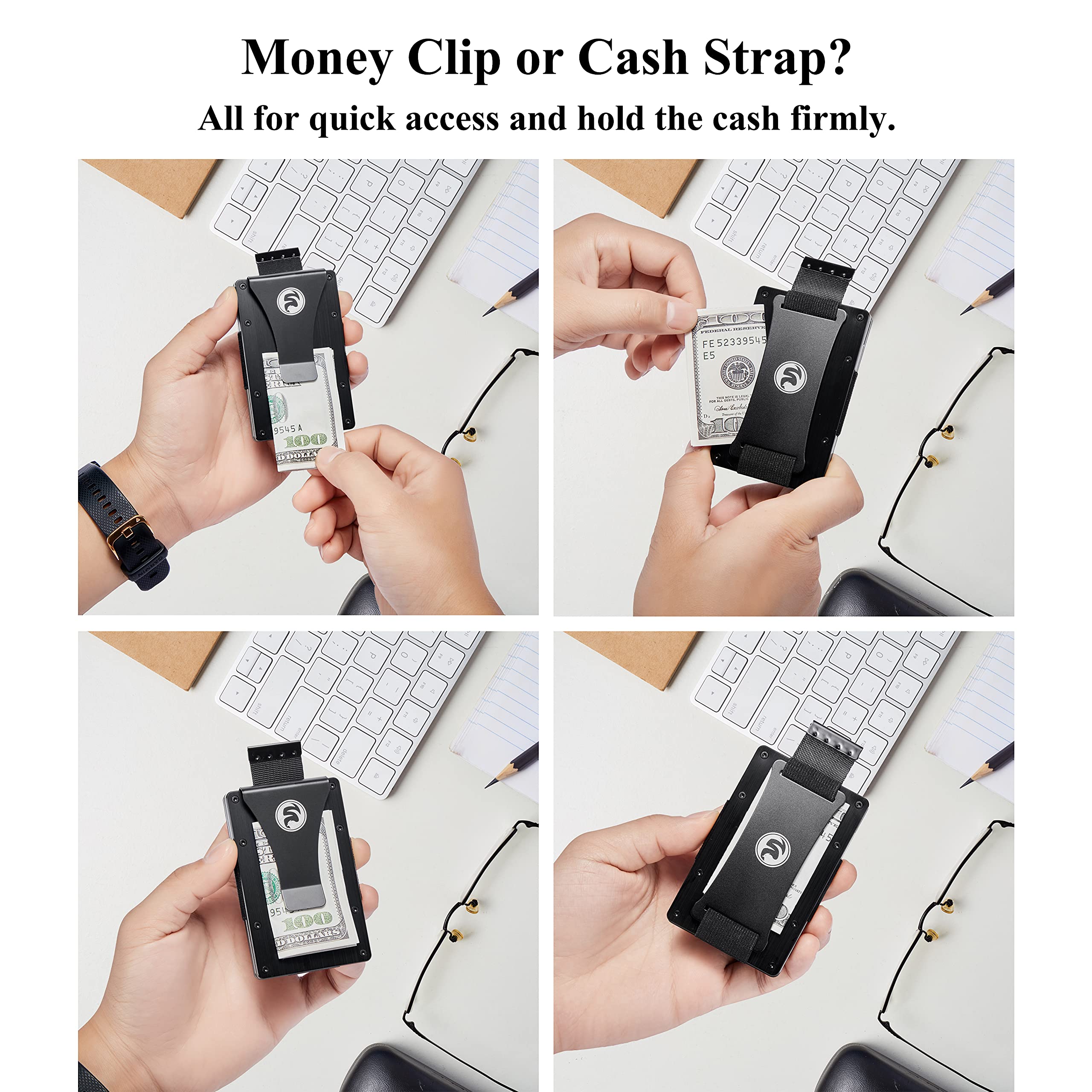 Minimalist Wallet for Men | RFID Blocking Aluminum Metal Wallet with Cash Strap | Front Pocket EDC Wallet | Carbon Fiber Card Holder Money Case | Slim Tactical Pull Wallet