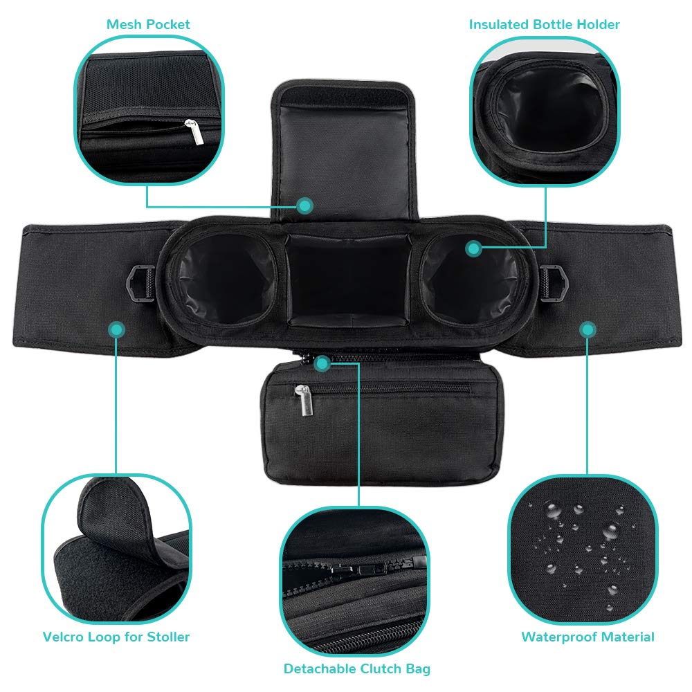 Mestron Universal Stroller Organizer Bag with Insulated Cup Holder- Detachable Zippered Bag & Adjustable Strap, Fits for All Baby Stroller Models like Uppababy, Baby Jogger, Britax, Bugaboo