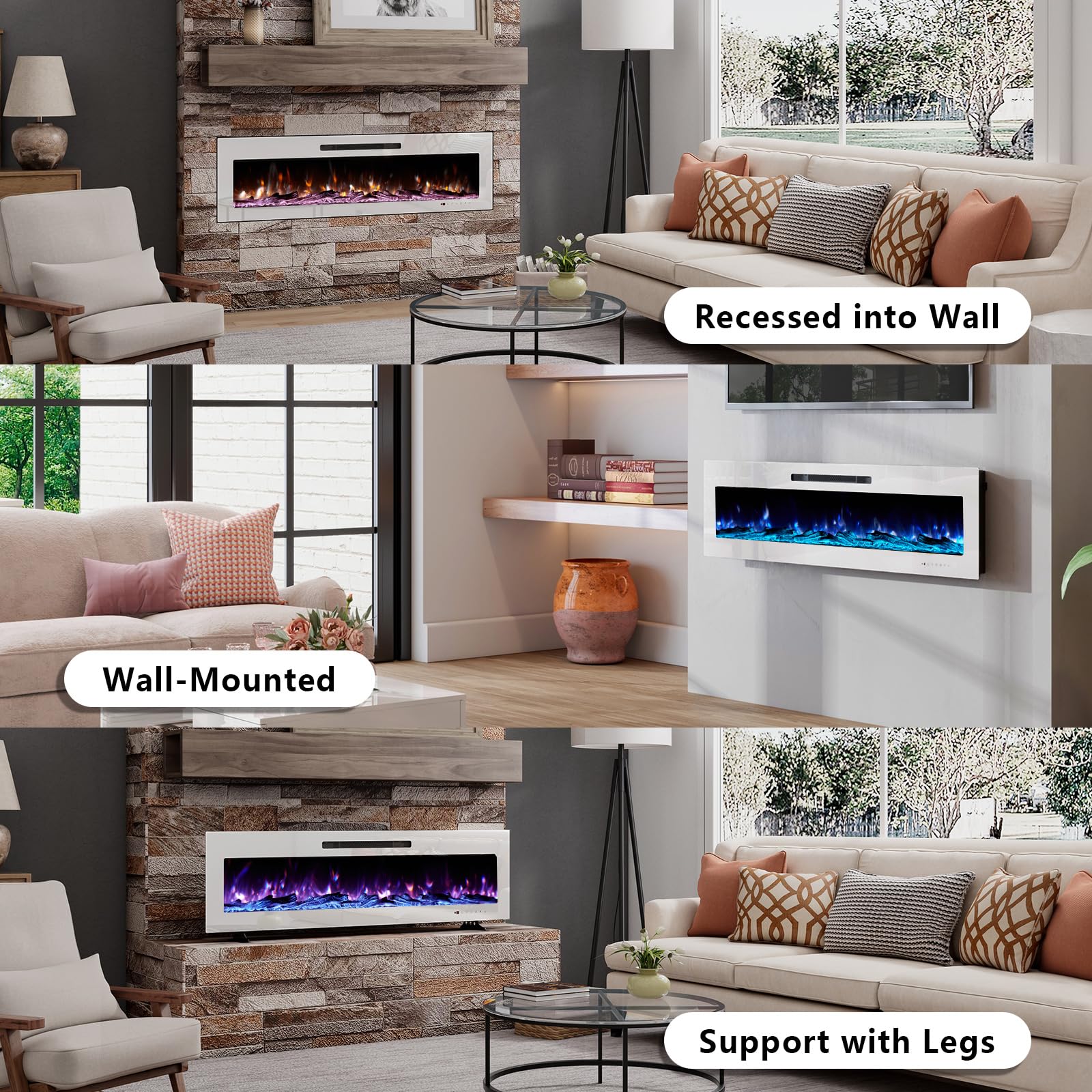 LUXOAK 60" Recessed and Wall Mounted Electric Fireplace with Adjustable Flame Brightness, Mirrored Fireplace Freestanding with Legs, Remote Control & Touch Screen, Low Noise, White
