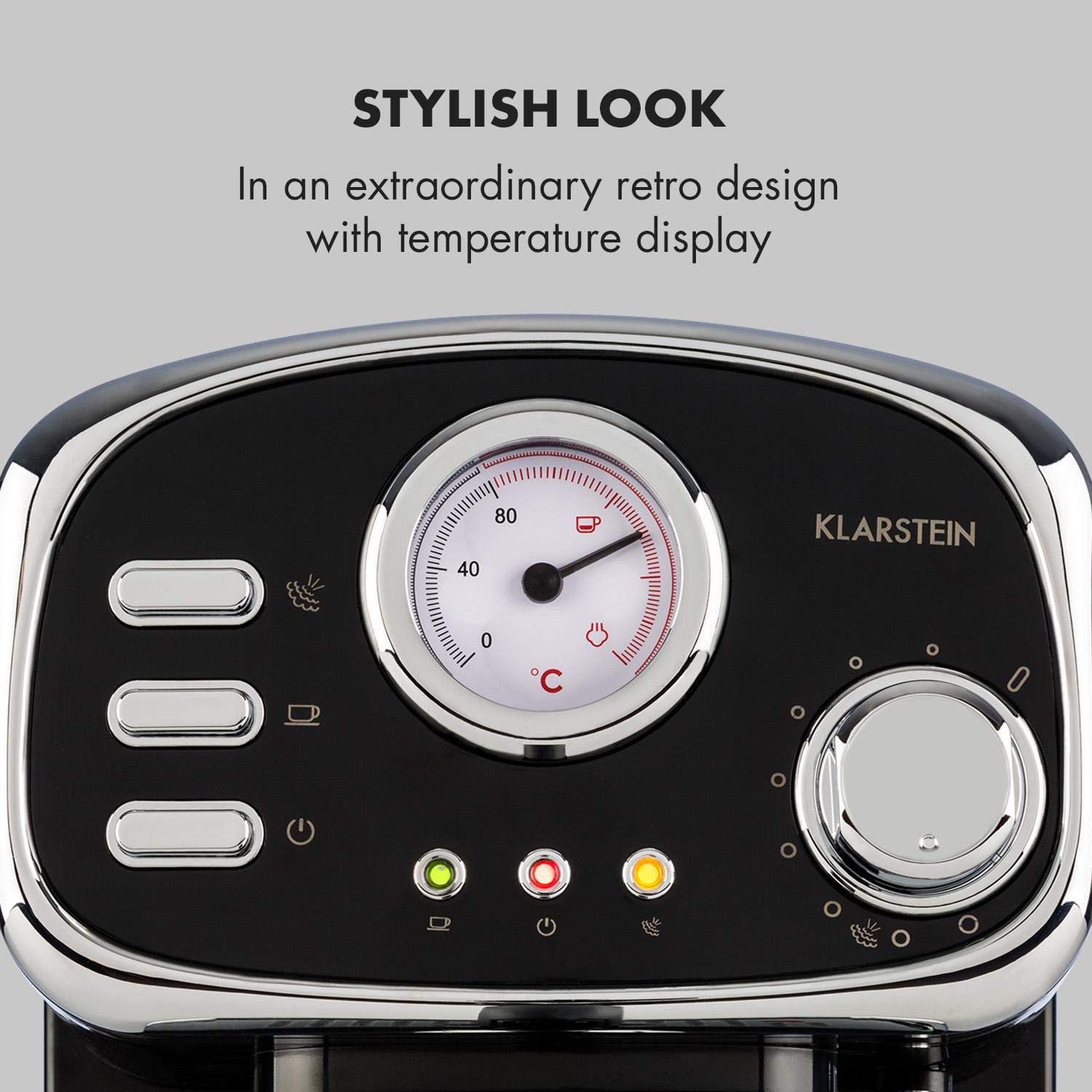 KLARSTEIN Espressionata Gusto - Espresso Maker, 20 Bar Pump Pressure, 1100 Watts, Makes 6 cups (0.3 gallon), Removable Stainless-Steel Drip Grid, Dishwasher-Safe Drip Tray, Retro Look, Black