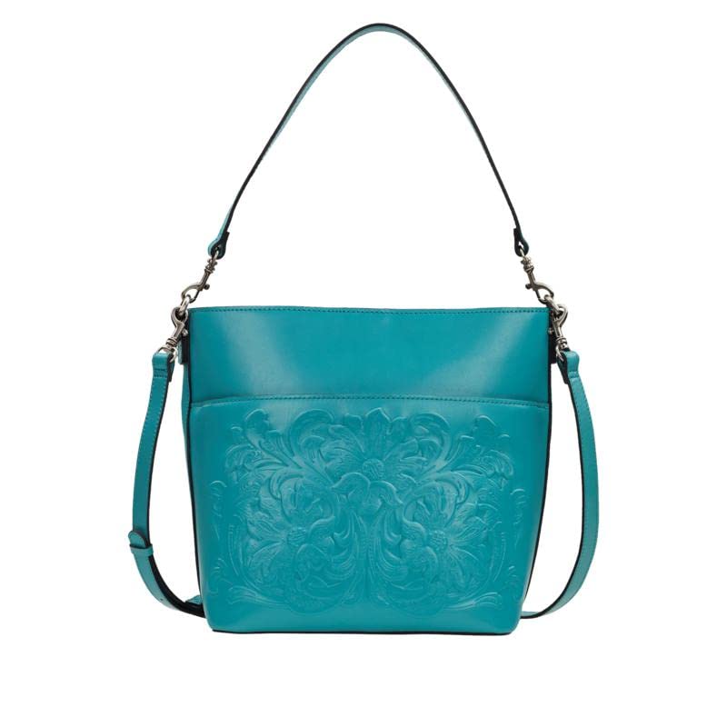 Patricia Nash Harper Leather Shoulder Bag with Crossbody Strap - Blue Grass British Western Tooled