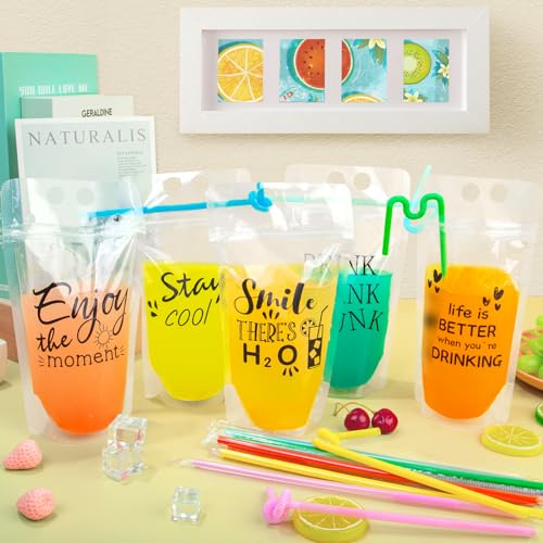 Ozera 50 Pcs Drink Pouches for Adults, Reusable Drink Pouches with Straws Funnel, Funny Text Juice Pouches for Adults Teen, Novelty Hand-held Plastic Smoothie Pouches for Drinks(5 Styles)