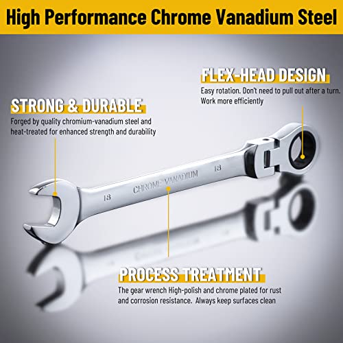 Pilida 18mm Ratcheting Combination Wrench 12 Point Metric Flex Head Gear Wrench Rachet Box End Spanner 72 Teeth Chrome Vanadium Steel