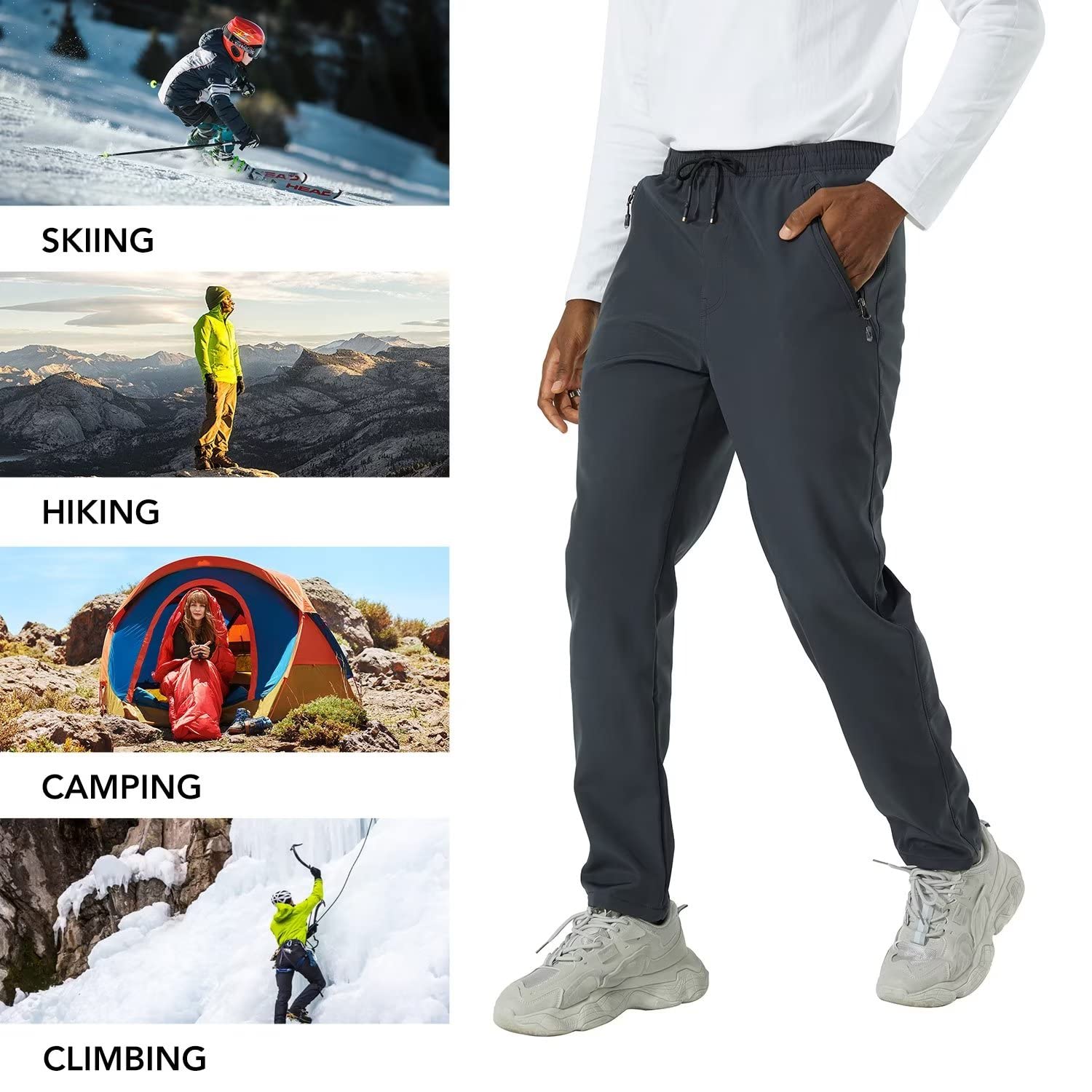 MONSTER VALLEY Mens Softshell Fleece Lined Pants Warm Winter Windproof Ski Snow Insulated Hiking Hunting Trousers, Grey, Large