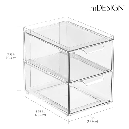 mDesign Stackable Storage Containers Box with 2 Pull-Out Drawers - Stacking Plastic Drawer Bins for Kitchen Pantry and Cupboard, Cabinet, Counter, Island and Tables - Lumiere Collection, 4 Pack, Clear