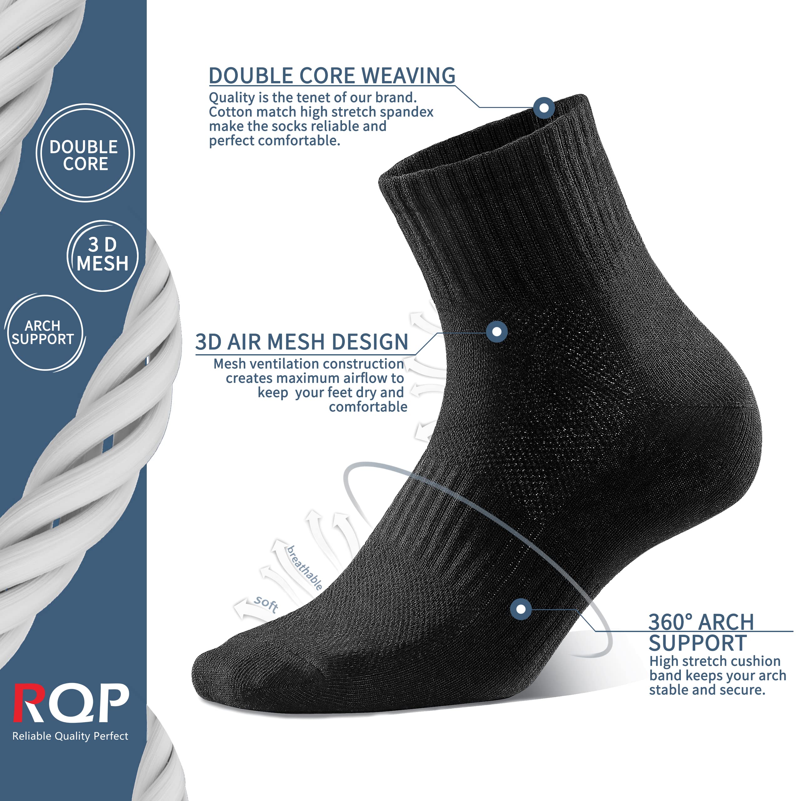 RQP Mens Athletic Ankle Socks,4 Pair Size 9-12 Compression Running Cotton 3D Mesh Heavy Duty Quarter Length Knit Cushioned Liner Work Sox,White
