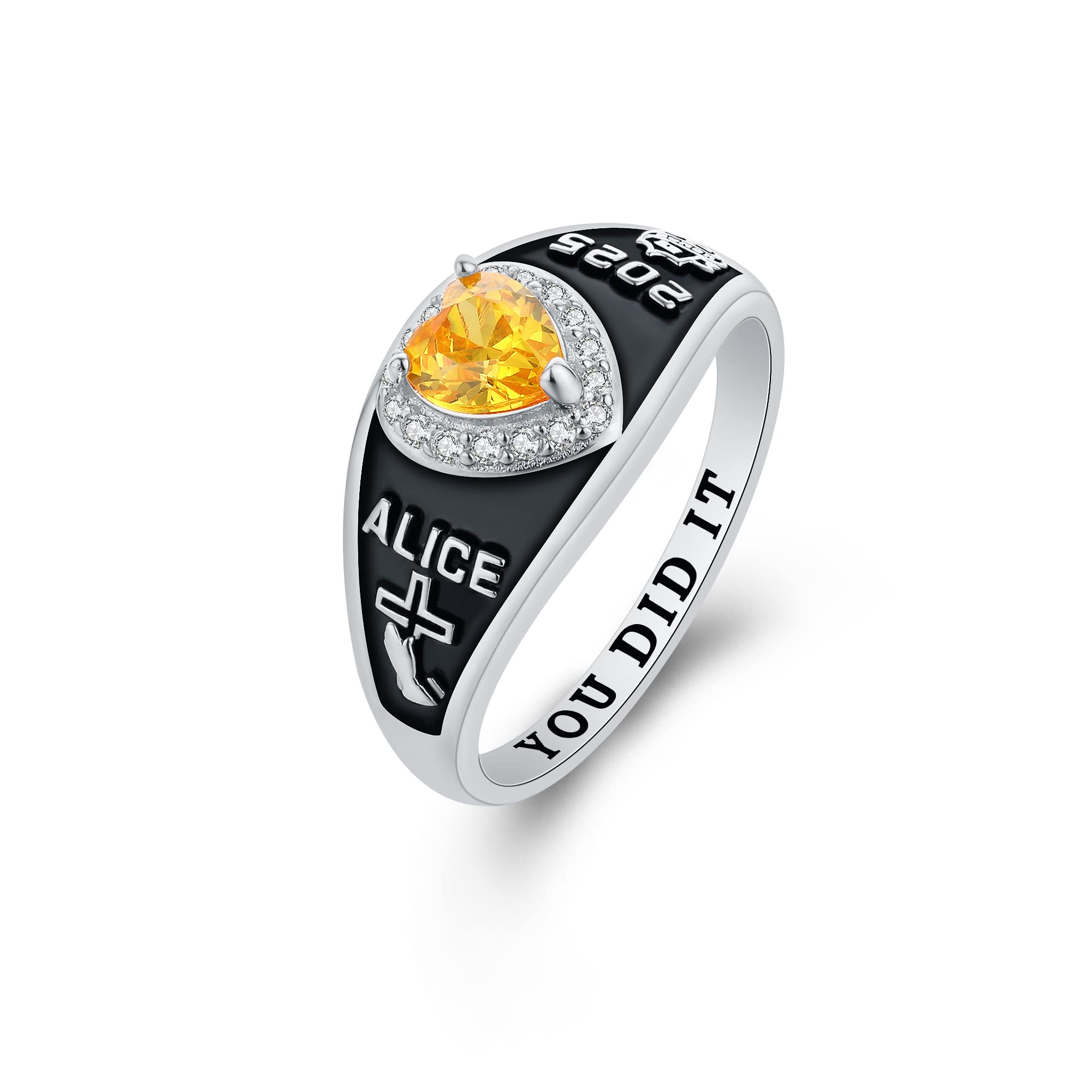 PJM Customized Sterling Silver Ladies High School and College Class Ring β Lovely Collection β Fully Personalized - Mementos Jewelry (Sterling Silver Platinum)