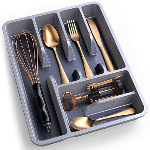 Mueller Flatware Kitchen Drawer Organizer, 10" x 13" Silverware Organizer, 6 Compartments, Heavy-Duty, Cutlery Tray for Utensils or Stuff, Dining Room, Living Room, Compact, Light Grey