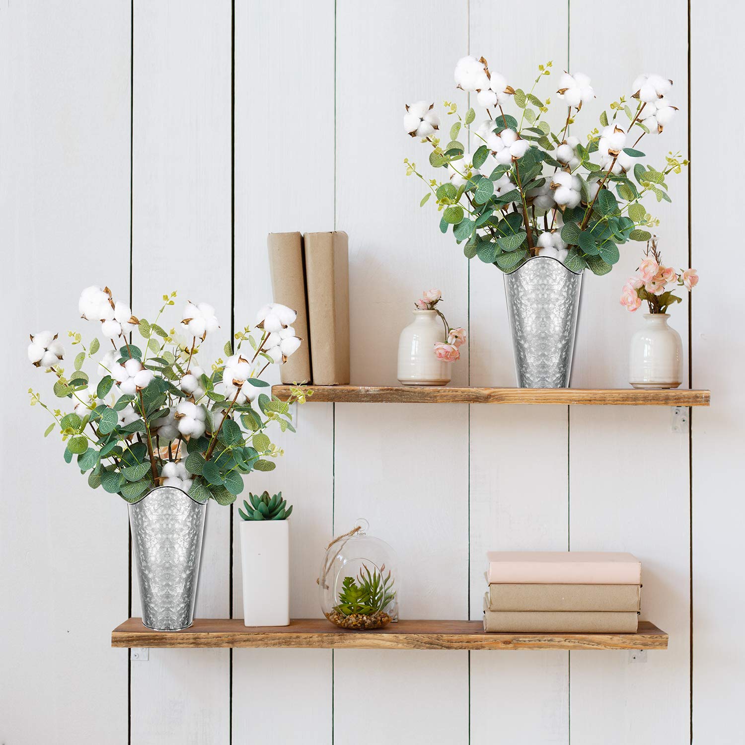 LIBWYS Galvanized Wall Planter 2 Sets and 8 Cottons Stems with Eucalyptus Metal Hanging Vase for Farmhouse Rustic Style Country Home Wall Decor