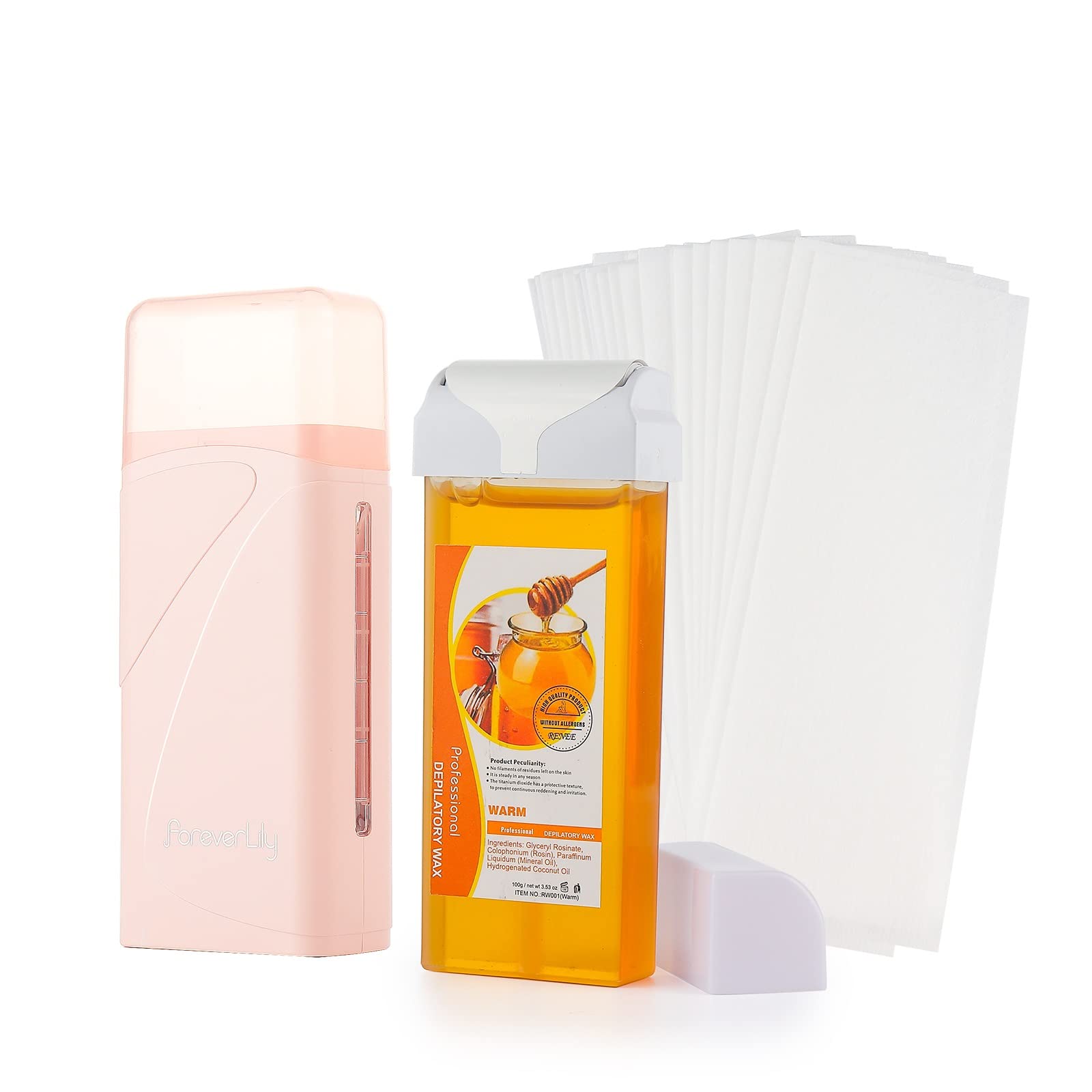 Roll on Wax Kit for Hair Removal, Wax Roller Kit with Wax Warmer Machine/Honey Roller Wax Cartridge/100Pcs Wax Strips, Roll on Wax Warmer kit Men Women, foreverLily