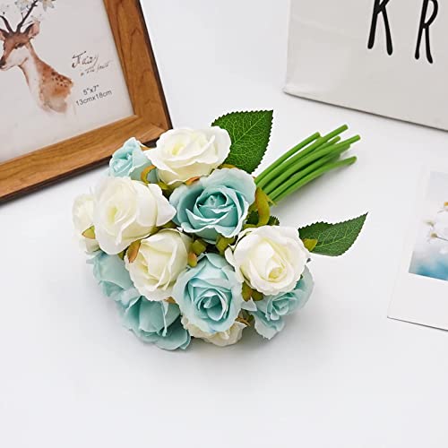 LIUCOGXI 12 Heads Artificial Silk Rose Flowers Bouquet White&Blue for Wedding Party Home Decor