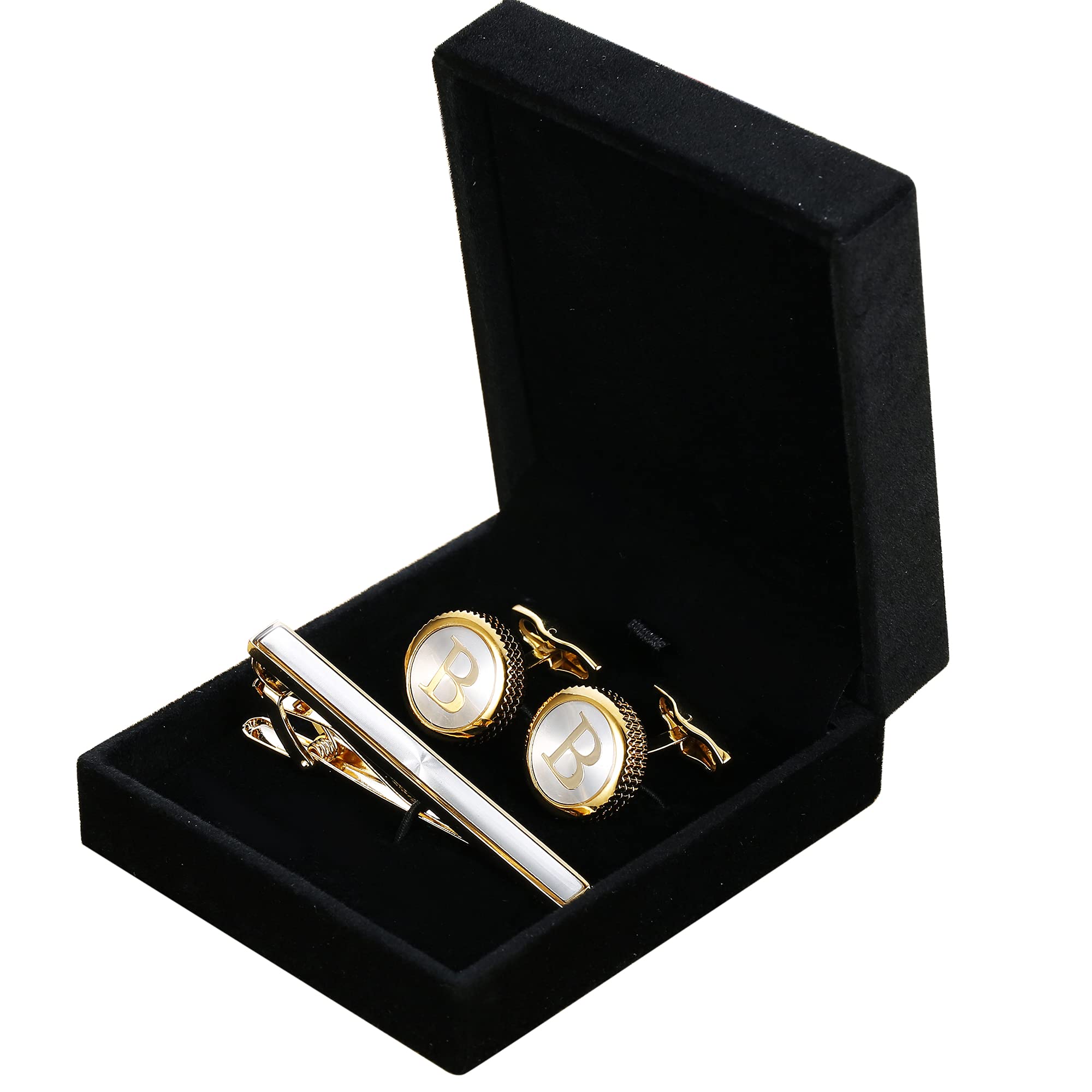LOLIAS Mens Cufflinks Tie Bar Clip Set Alphabet Letter Cufflinks Formal Business Wedding Shirts Gift Box,B