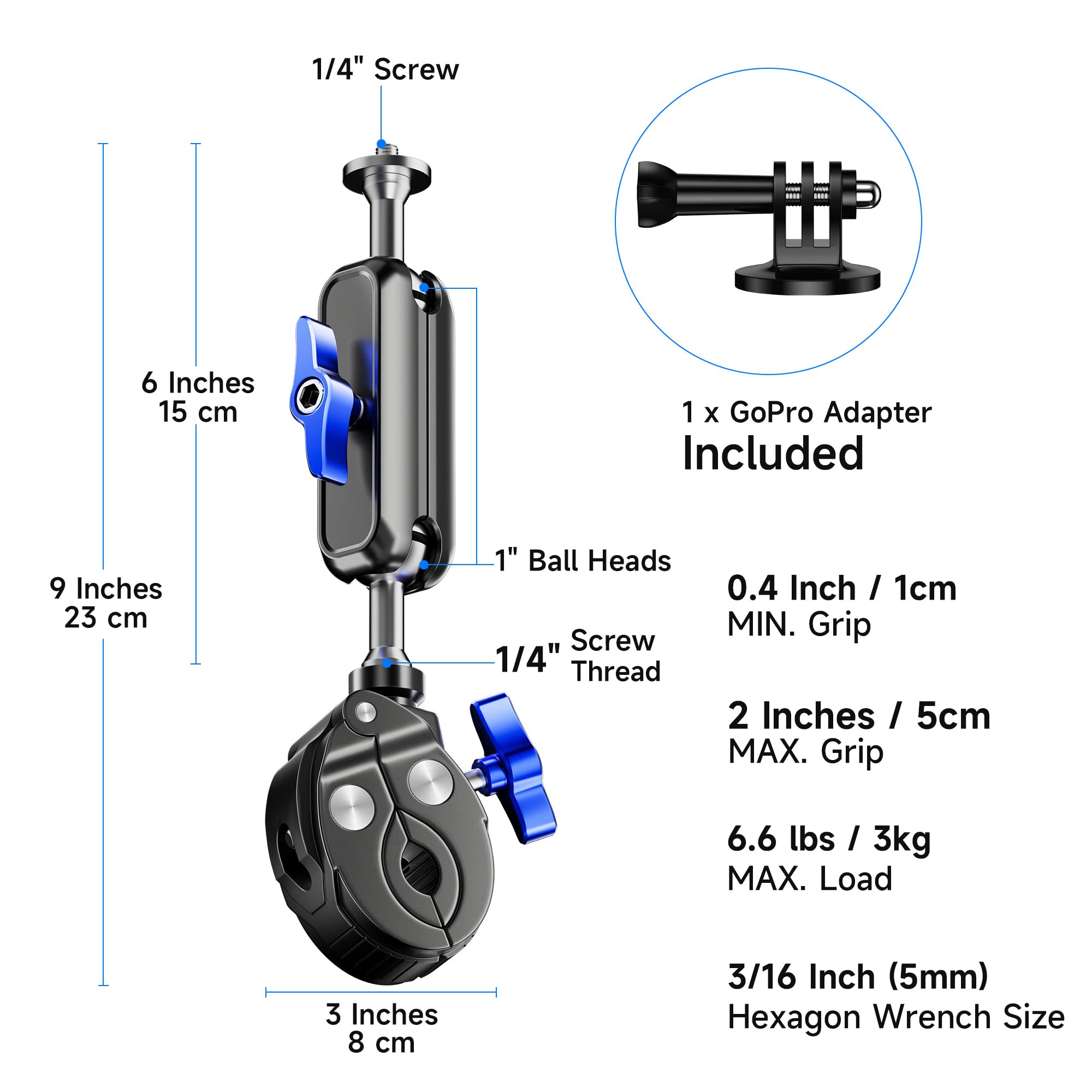 MARTVSEN Camera Mount for Gopro, Super Crab Claw Clamp Camera Mount, 360° Rotation Magic Arm Double Ball Head Adapter Compatible w GoPro Insta, for Motorcycle Bicycle to Record Video Vlog