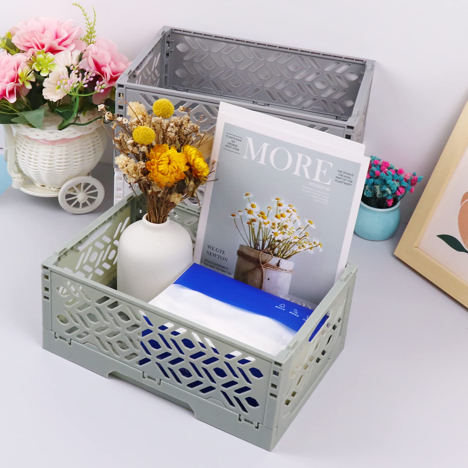 Klyuqoz Pastel Crates (9.4'' X 6.3'' X 3.9''), Storage Crates Plastic Stackable, Cute Crates Pack of 3, for Home Bedroom Office Kitchen Decoration(Green, Gray, White)
