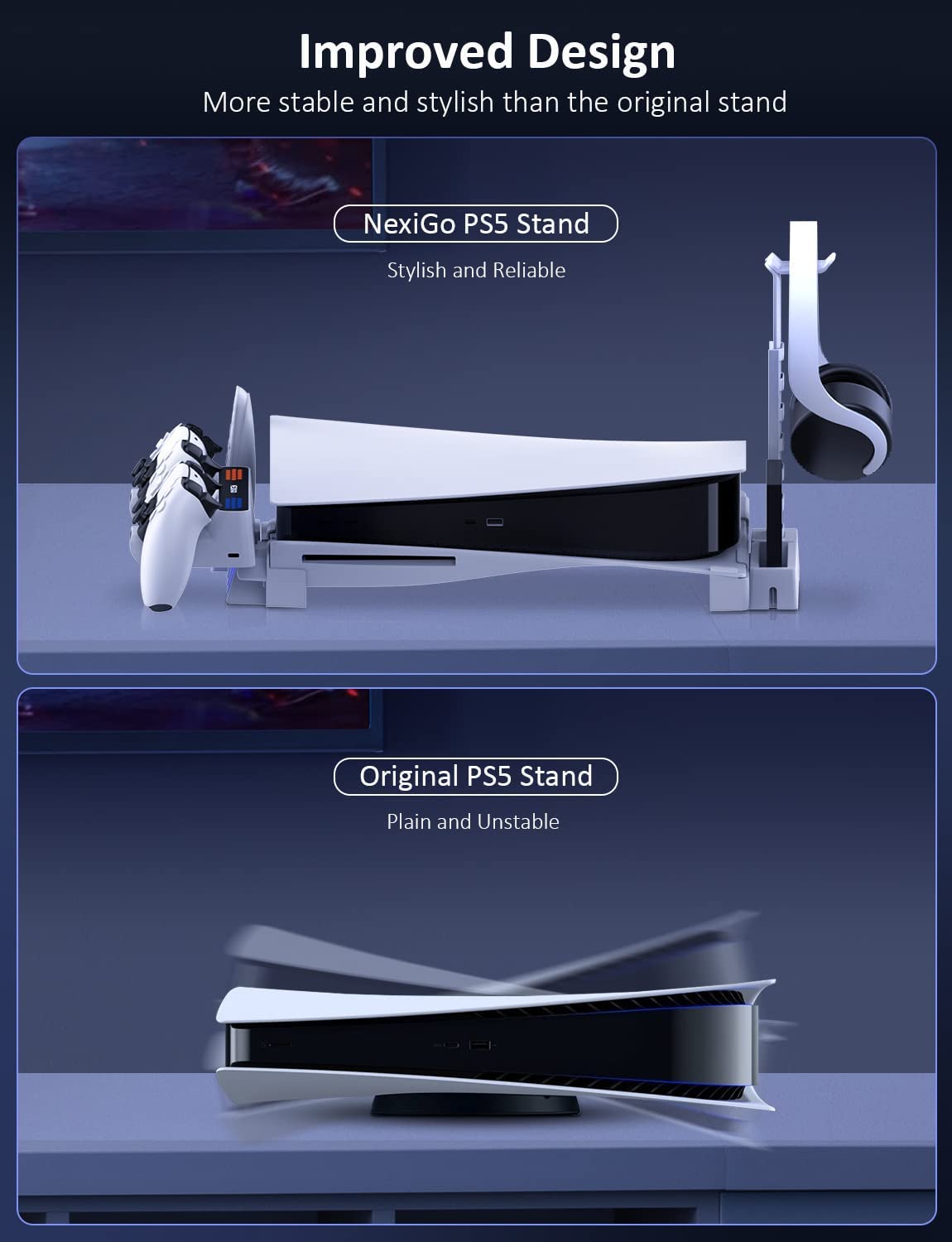 NexiGo PS5 Horizontal Stand Modular System, [Minimalist Design], Dual Controller Chargers, Hard Drive and Media Remote Slots, Base Stand with Headset Holder, for Playstation 5 Disc & Digital Editions