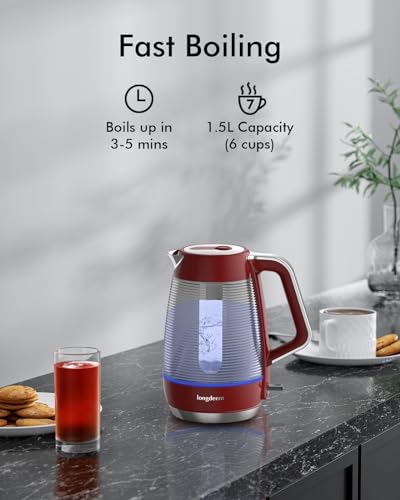 LONGDEEM Electric Tea Kettle Pot, Fast Boil, 1.7L/1500W, Borosilicate Glass Stainless Steel Inner Lid & Filter, Hot Water Boiler & Heater with Auto Shut Off, BPA-Free, Easy to Clean, Red