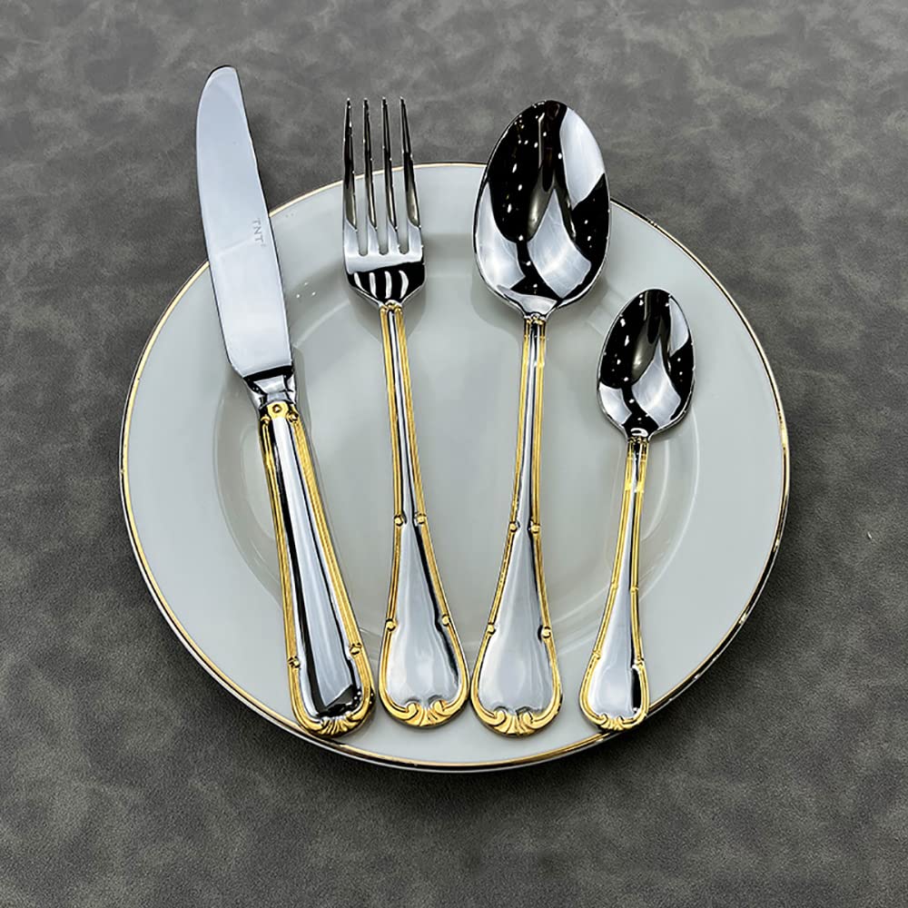 Luxury Silverware Set for 6, Retro Royal Palace Style Stainless Steel Flatware Cutlery with Gold-Plated Trim, 24-piece Eating Tableware for Wedding Home Kitchen Hotel Restaurant