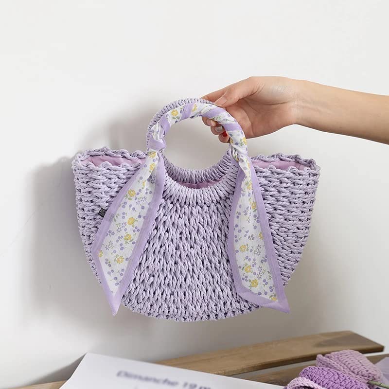 n/a Summer Handmade Woven Rattan Straw Bag Round Handle Purple Tote Beach Vacation Female Semicircle Handbag (Color : B, Size : One Size)