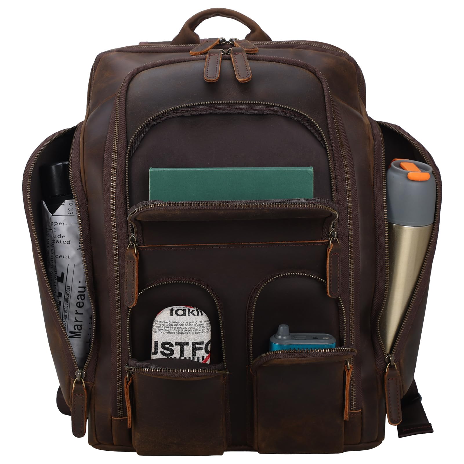 Masa Kawa Vintage Leather 15.6" Laptop Computer Backpack Camera Bag for Men Photographers Brown Large Business Travel Work Multi Pockets Rucksack Daypack