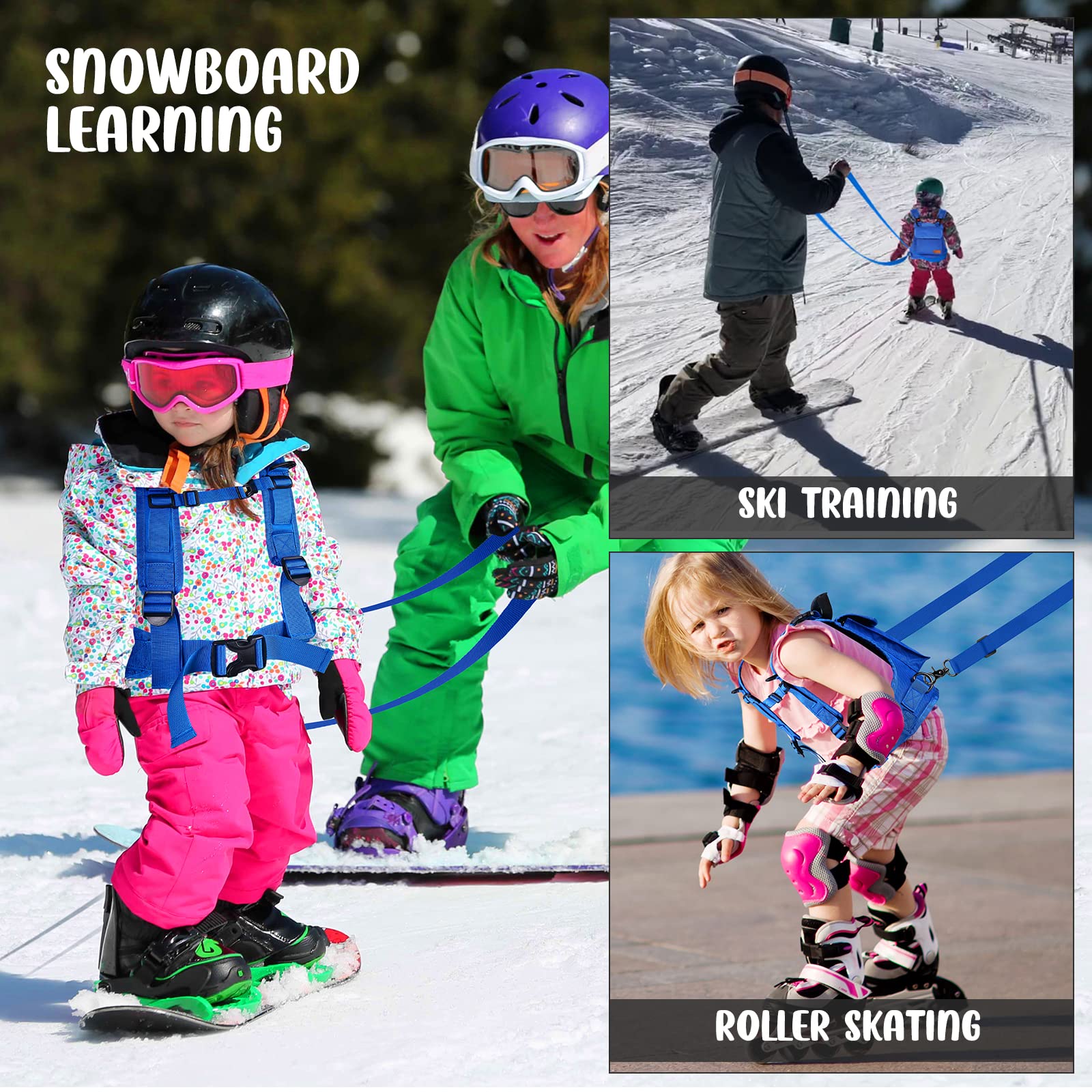 Odoland Ski and Snowboard Training Harness for Kids, Skiing Strap with Backpack, Adjustable Seat Strap and Easy Lift Handle, Speed Control Teaching, Perfect for Kid Beginners Boy and Girl,Blue