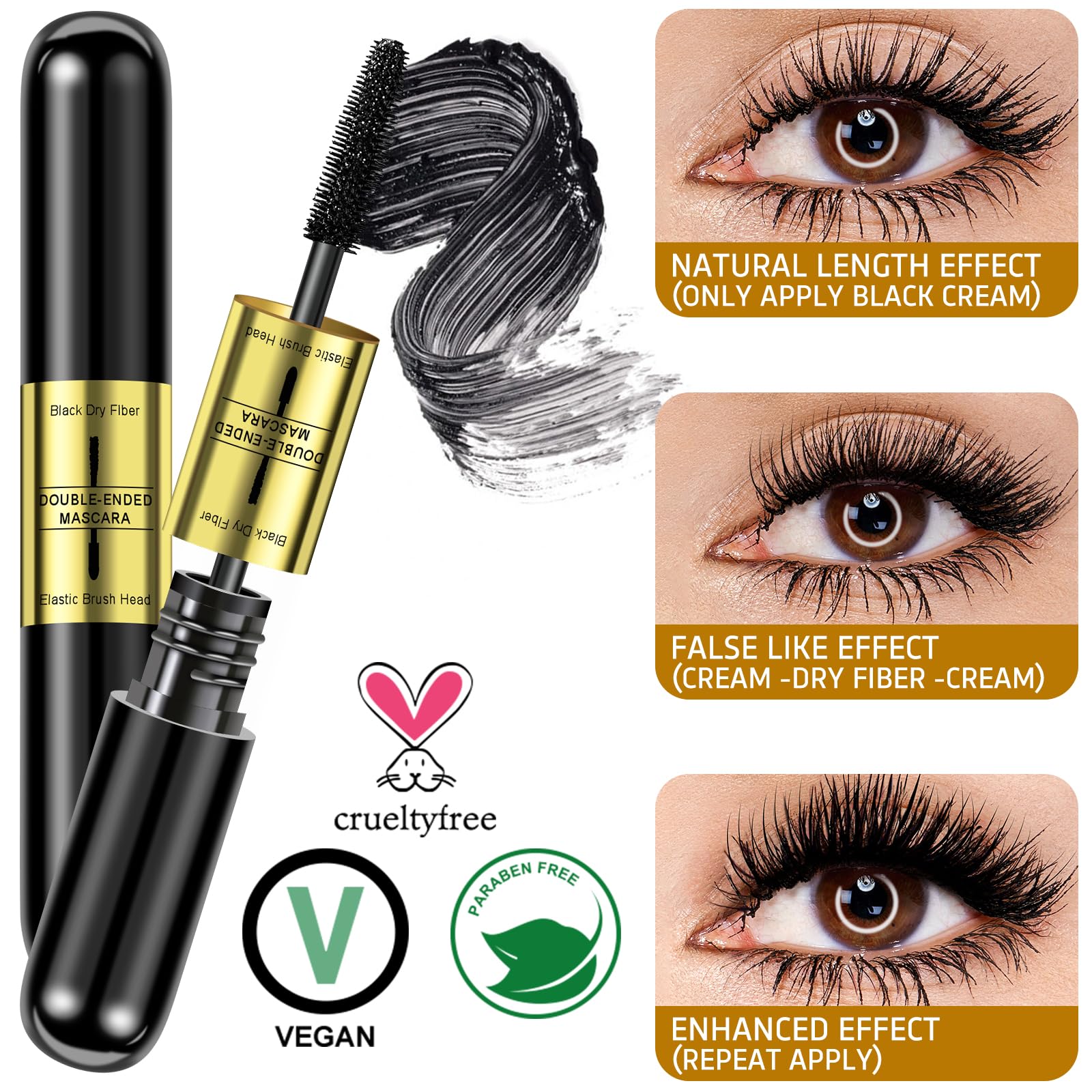 Mascara Black Volume and Length - Double Ended Mascara Voluminous Thick Curling with Dry Fiber, Waterproof Long-Lasting Mascara 5X Longer False Eyelash Comb Black