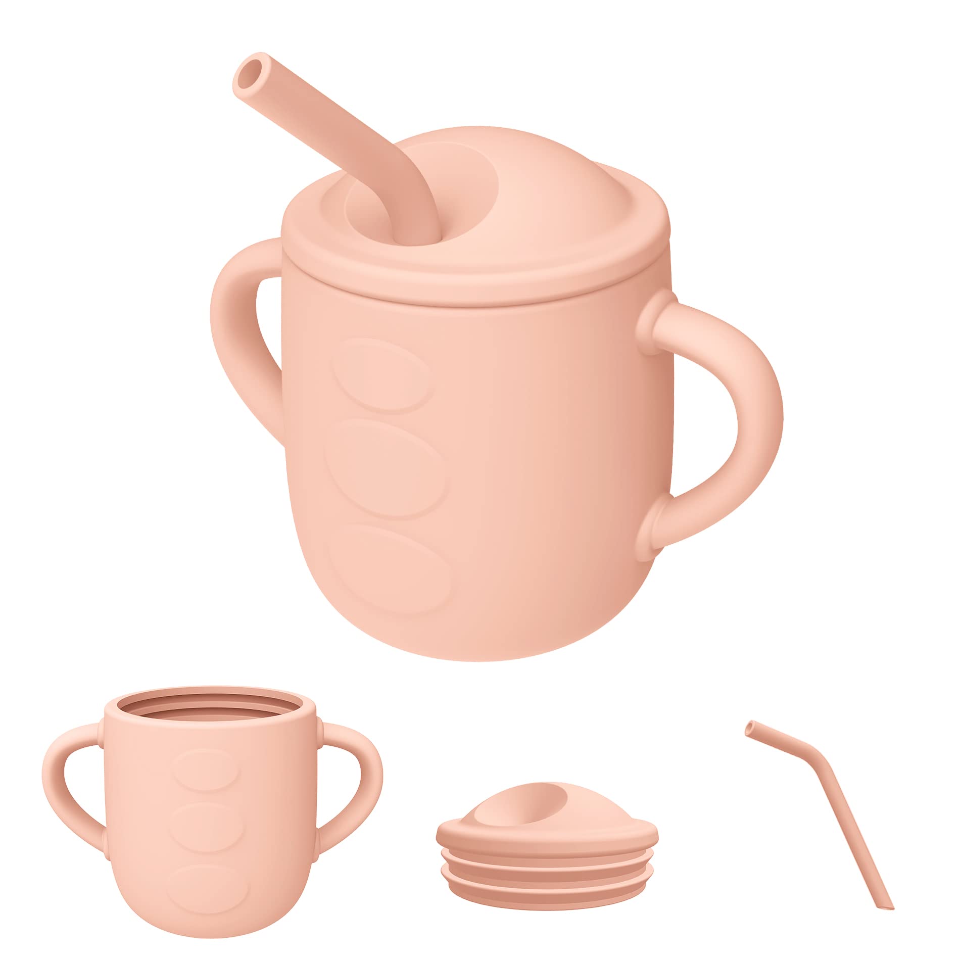 Rhswets Silicone Training Cups for Babies with Straw Lid, Spill Proof Toddler Sippy Cups, 6 months+ Infants Open Cup, 5oz, BPA Free (Pastel Salmon)