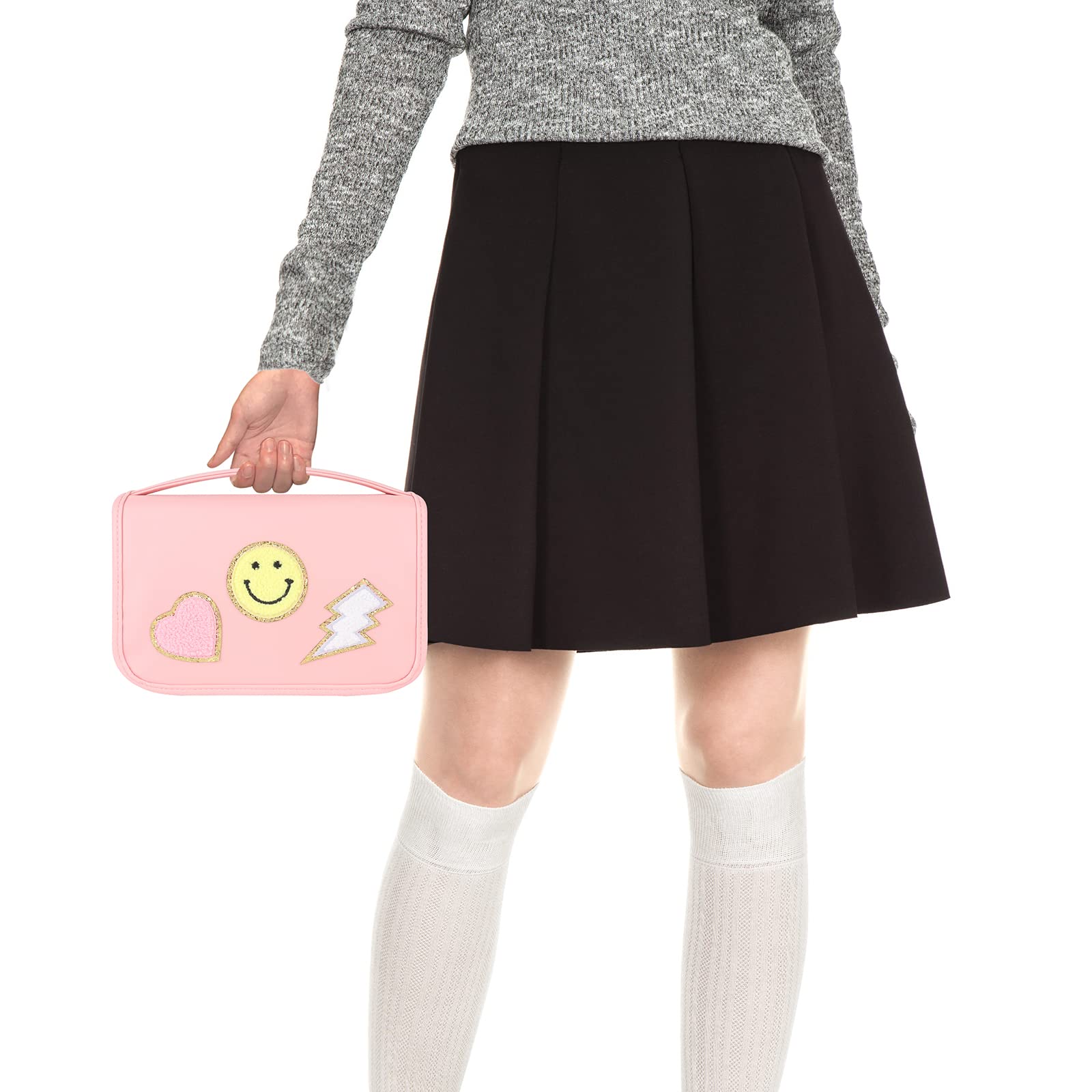 SANCARDY ZOCHON Preppy Patch Makeup Bag PU Leather Small Cosmetic Bag Portable Waterproof Travel Organizer Cute Mini Makeup Bag for Women Gift Pink