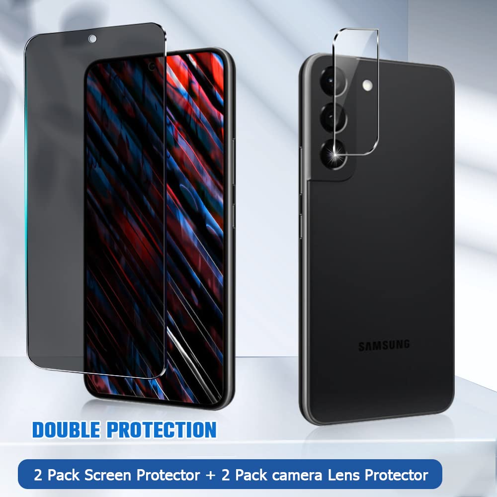 LETANG [2+2 Pack] Galaxy S21 5G Privacy Tempered Glass Screen Protector + Camera Lens Film [9H Hardness] [ Full Coverage] [Anti-Fingerprints] Support fingerprint unlocking For Samsung Galaxy S21