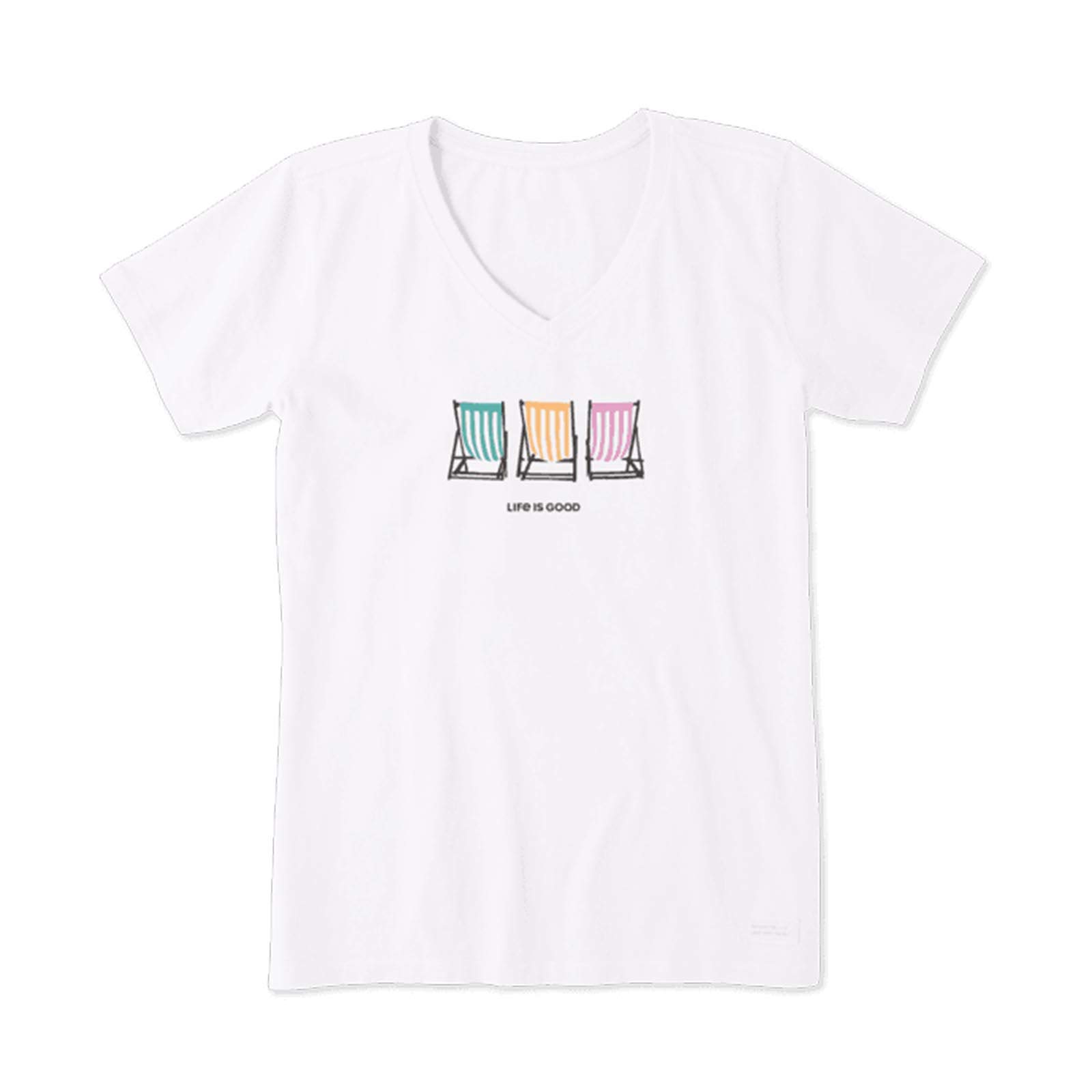 Life is Good Womens Crusher Beach/Ocean Graphic V-Neck T-Shirt, Happy Coastal Blue, Small