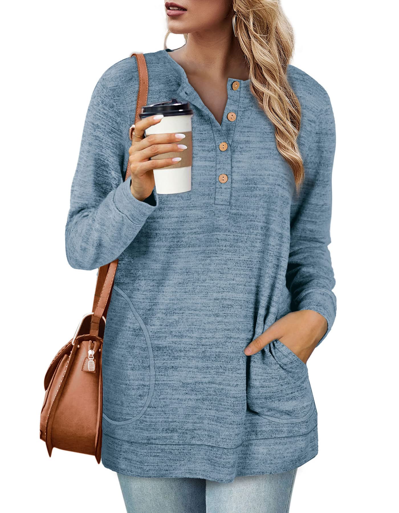 NIASHOT Womens Sweatshirt Long Sleeve Deep Pockets Fall Cozy Tunic Tops Blue XL