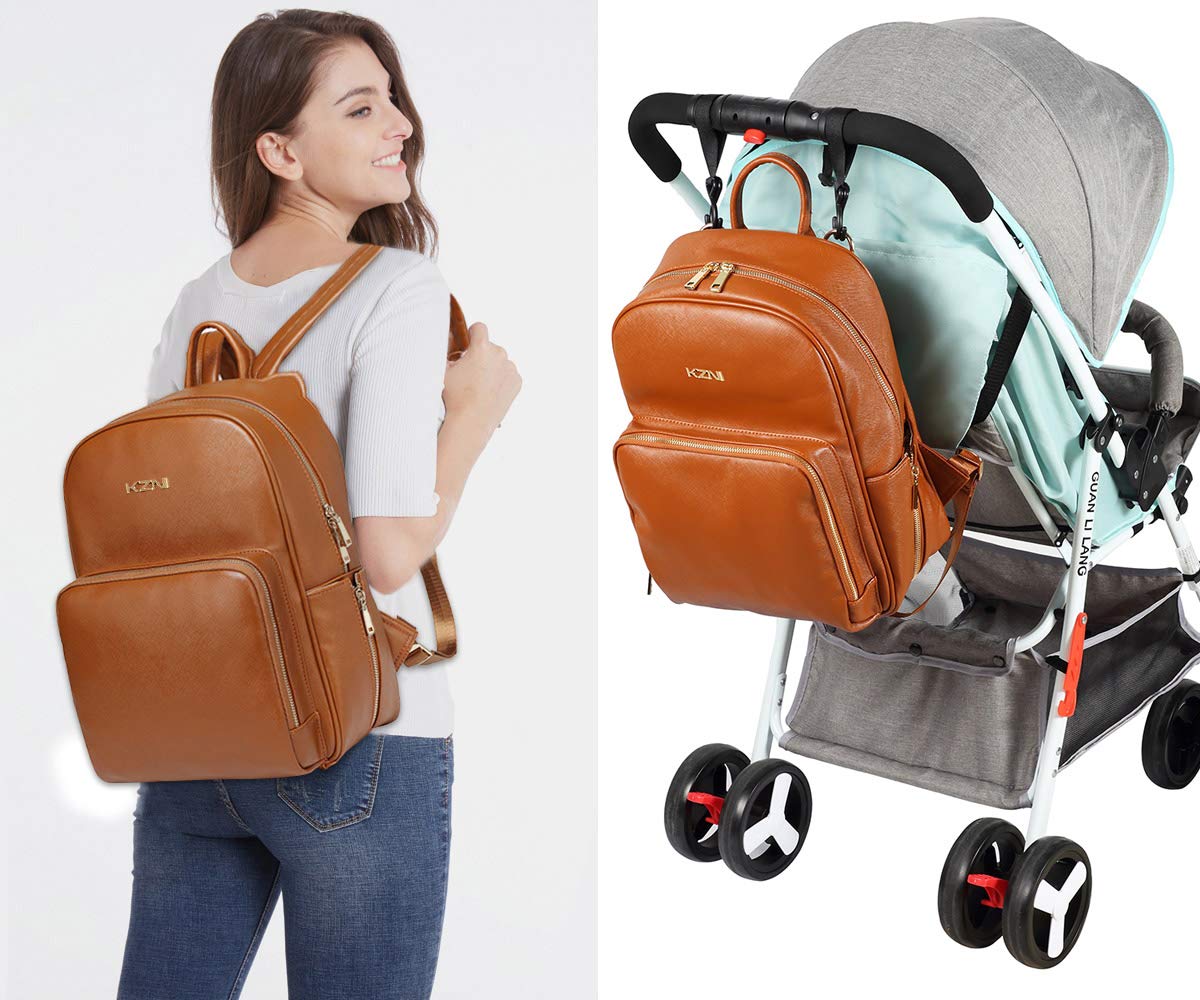 KZNI Leather Diaper Bag Backpack - Nappy Bag Baby Bags for Mom Unisex Maternity Diaper Bag with Stroller Hanger|Thermal Pockets|Adjustable Shoulder Straps|Water Proof| LargeCapacity(Brown)