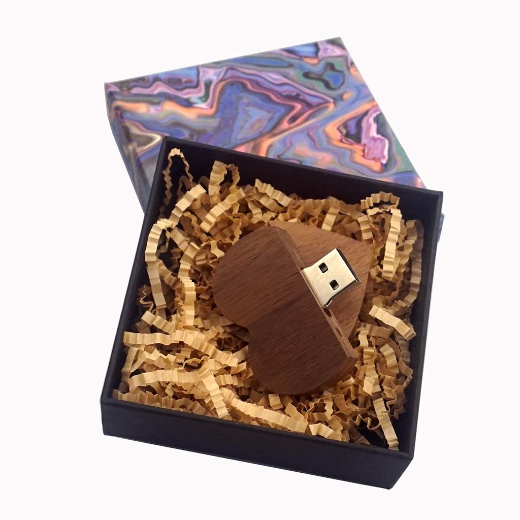 LONMAX 16GB Wedding Birthday Gift USB Flash Drive Walnut Heart USB Memory Stick Wooden USB 2.0 Thumb with Gift Box (16GB, Walnut Heart USB Stick+YHH)