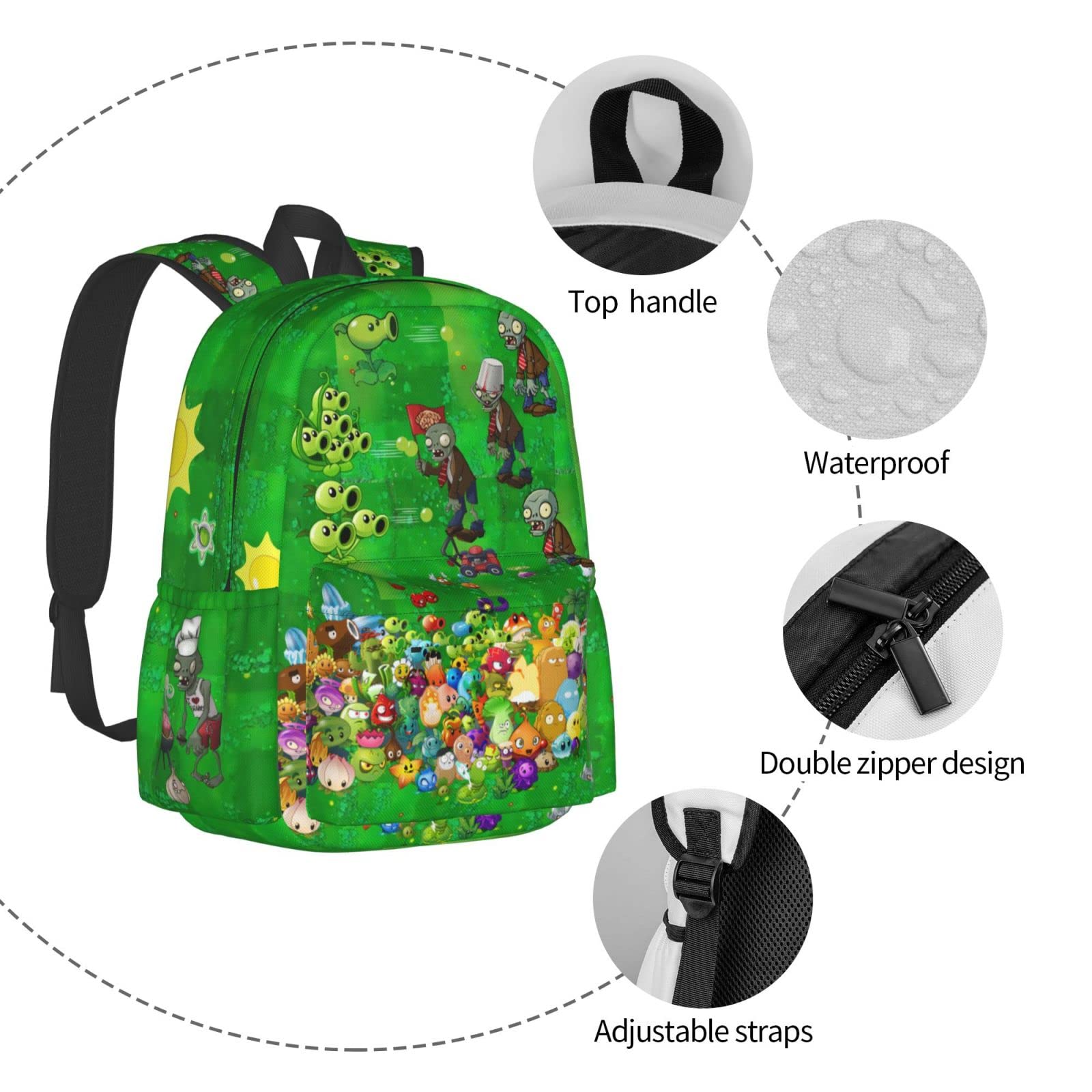 lyneeo Green Plants Backpack Lightweight Durable Zombies Laptop Bag Large Capacity Bookbag Adjustable Strap For Vacations Travel Camping Casual Backpack Gift For Women Men