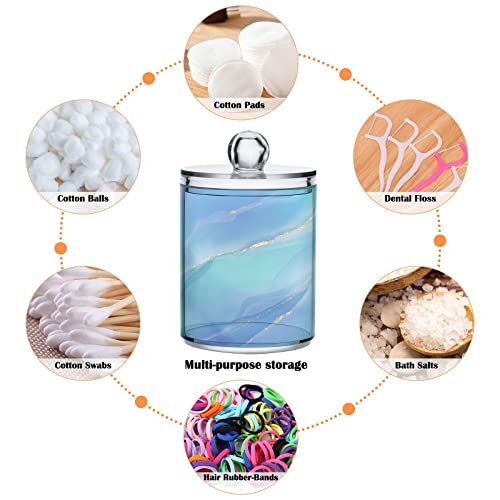 xigua 2 Pack Blue Gold Marble Apothecary Jars with Lid, Qtip Holder Storage Jars for Cotton Ball, Cotton Swab, Cotton Round Pads, Clear Plastic Canisters for Bathroom Vanity Organization (10 Oz)