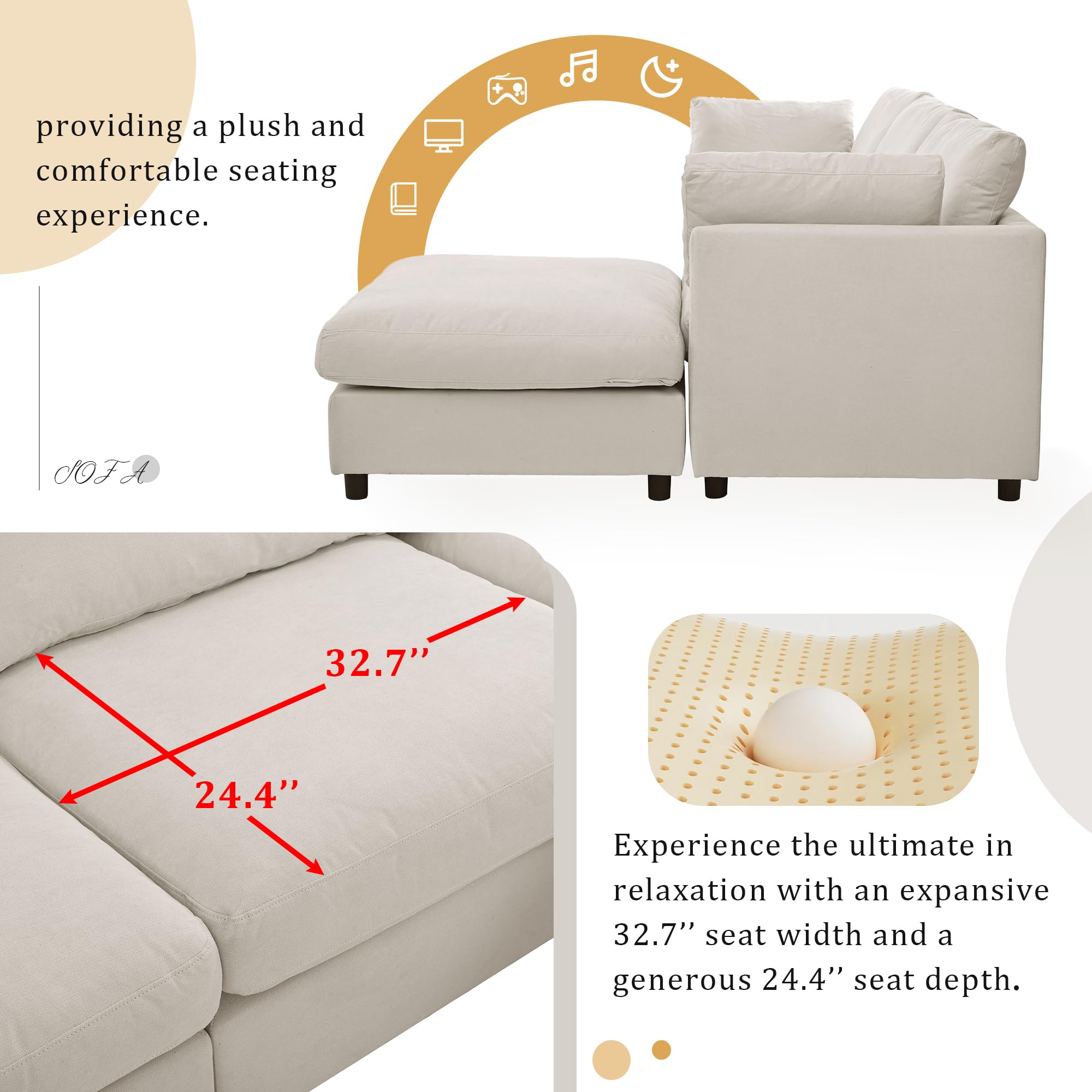 Tmsan 113" Large Sectional Sofa Cloud Couch for Living Room, Modern L Shaped Couch Set with Reversible Chaise, 4 Seater Polyester Fabric Sofa with Convertible Ottoman & 2 Pillows for Apartment Office