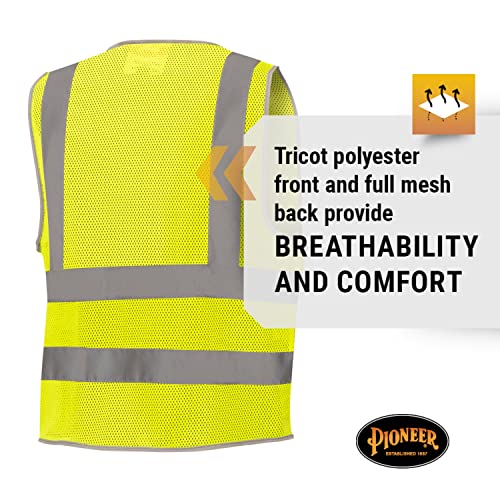 Pioneer Safety Vest for Men β Hi Vis Reflective Mesh Neon with 8 Pockets, Zipper Closure for Construction, Traffic, Security Work β Orange, Yellow/Green, V1025260U