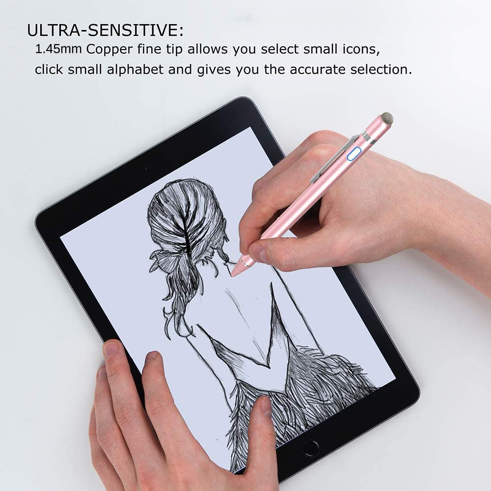 KECOW Stylus Digital Pen for Touch Screens, 1.45mm Fine Elastic Tip Rechargeable Pencil Compatible for iPad iPhone Samsung Phone &Tablets,iOS&Android for Drawing&Writing Capacitive Pen (Rose Gold)