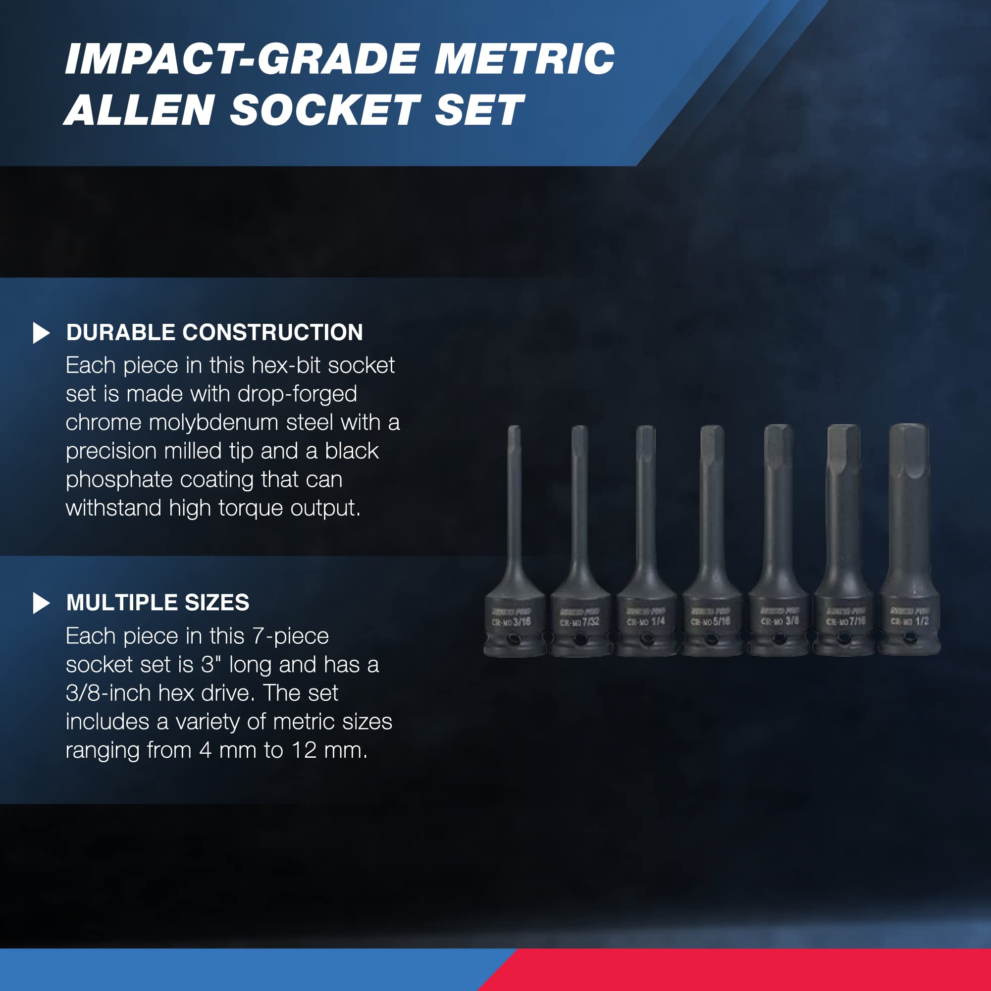 NEIKO 01130B 3/8" Drive Allen Socket Set, 7 Piece, 3 Inch, 3/8β Impact Hex Bit Socket Set, Metric Hex Driver 4 mm to 12 mm, Chrome-Moly Cr-Mo Impact Grade