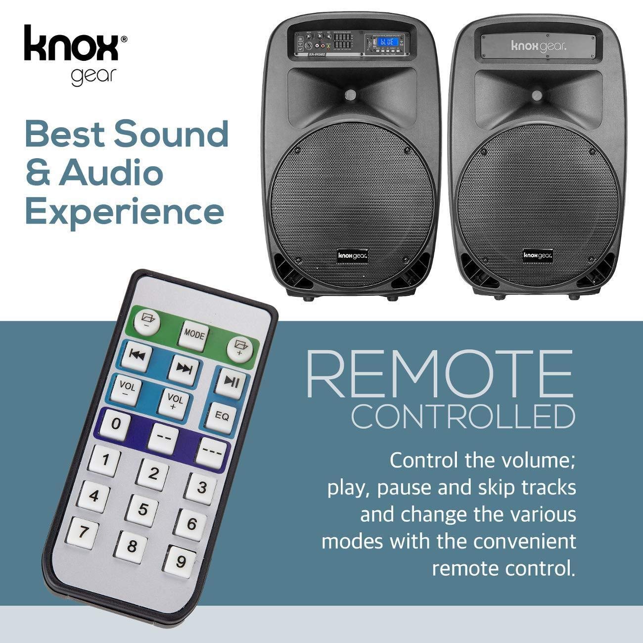 Knox Dual 15" Speakers, 600 Watt - 8 Piece Portable PA System - Microphone, Tripods, Remote Control - Bluetooth, USB, SD Card, RCA and 1/4" Inputs - Colorful LED Lights