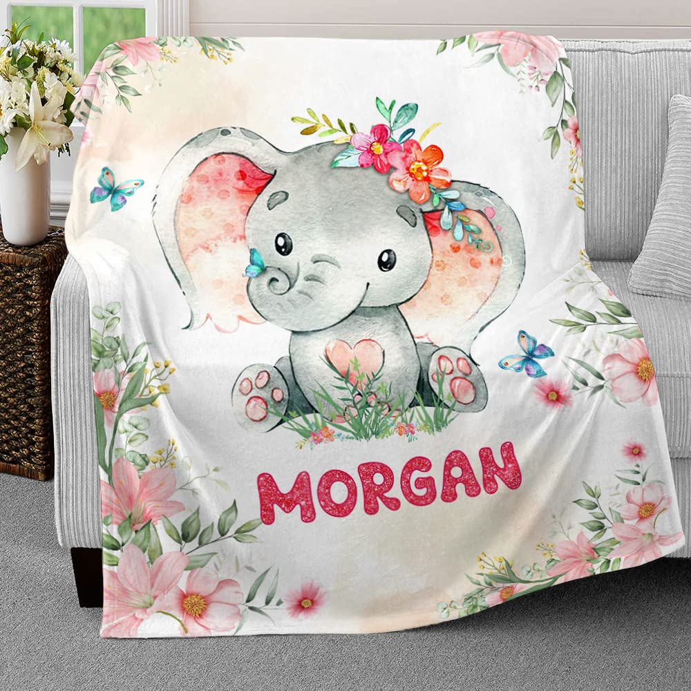 SANDJEST Personalized Baby Blanket Lovely Elephant Custom Name Fleece Throw Blanket Customized Gift for Baby New Mom Newborn Shower