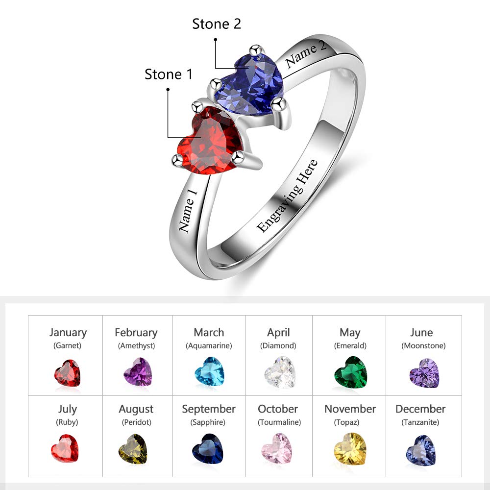 Love Jewelry Personalized Mothers Ring, Custom 2 Heart Simulated Birthstones Ring Engraved Names Engagement Rings Promise Rings for Women (6)