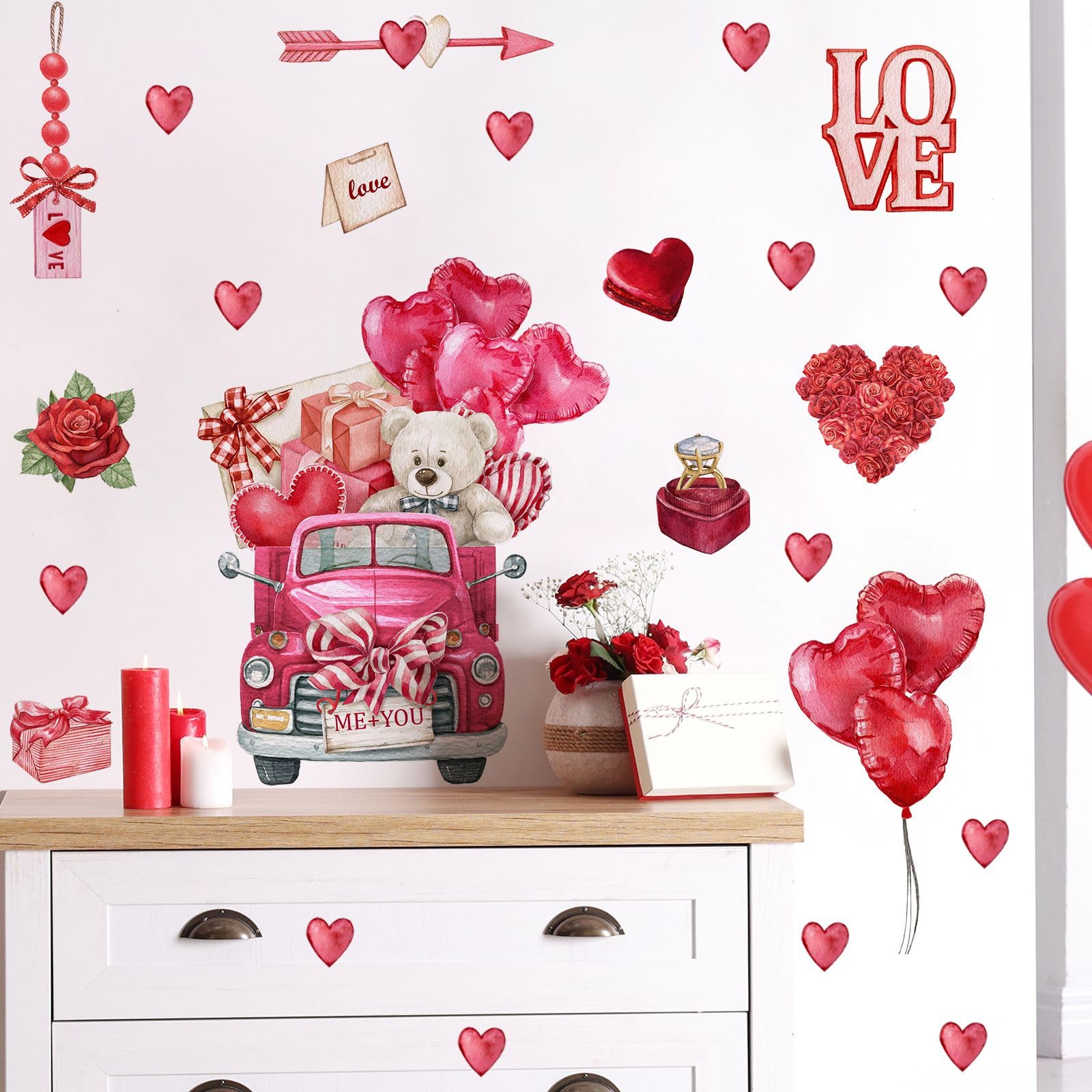 Valentine's Day Love Wall Decals Red Truck Balloon Window Clings Wall Stickers Rose Diamond Ring Romantic Decals Removable Peel and Stick Murals for Home Bedroom Living Room Wedding Anniversary Decor