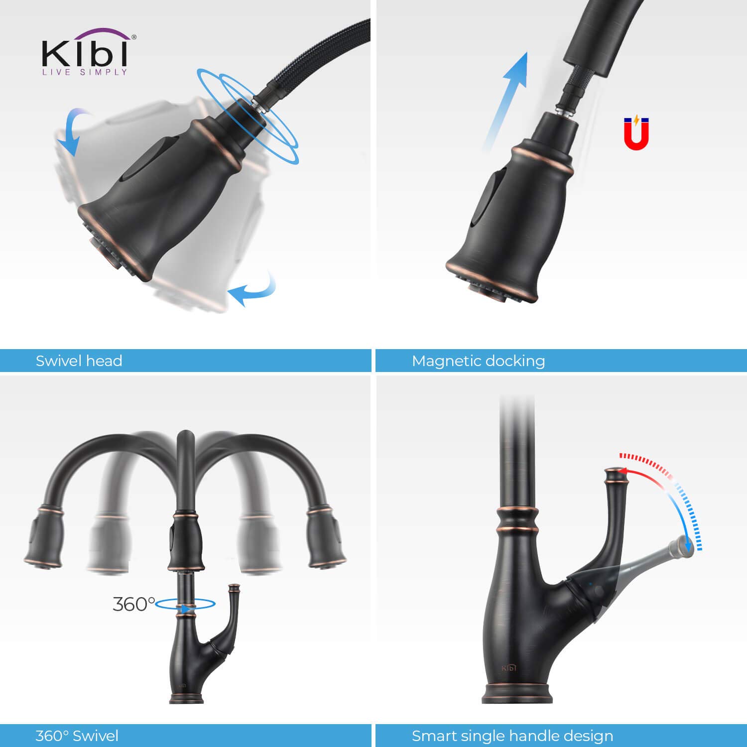 KIBI Summit Single Handle Pull Down Faucet for Kitchen Sink | Solid Brass High Arc Faucet Spout | 360 Degree Swivel Faucet with Pull Down Sprayer (Oil Rubbed Bronze)(KKF2009)(Soap Dispenser included)