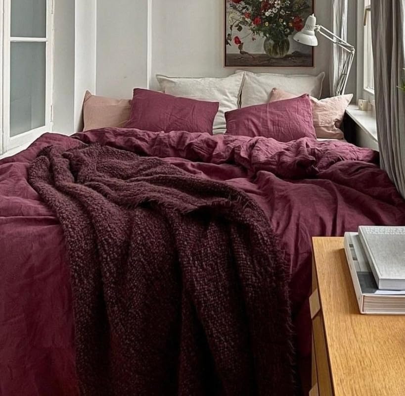 The Tangerine Store 3-Piece Linen Cotton Mix Duvet Cover Set (88x90 in) - Berry Queen Duvet Cover Set with Standard Shams - Pre-Washed, Handmade - Home Decor