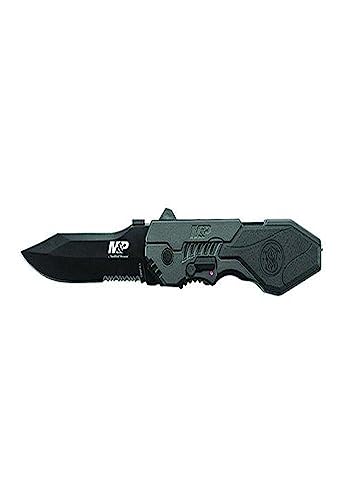 Smith & Wesson Large M.A.G.I.C. Assisted Opening Liner Lock Folding 3.6' Serrated Edge Clip Point 4034 Stainless Steel Blade with Aluminum and Rubber Handle Clam Pack,Grey