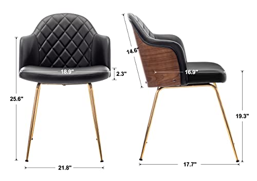 WUPOTO Dining Chairs Set of 2, Modern Upholstered Kitchen & Dining Room Chairs with Golden Metal Legs, Faux Leather Upholstery, Curved Back (Black1)