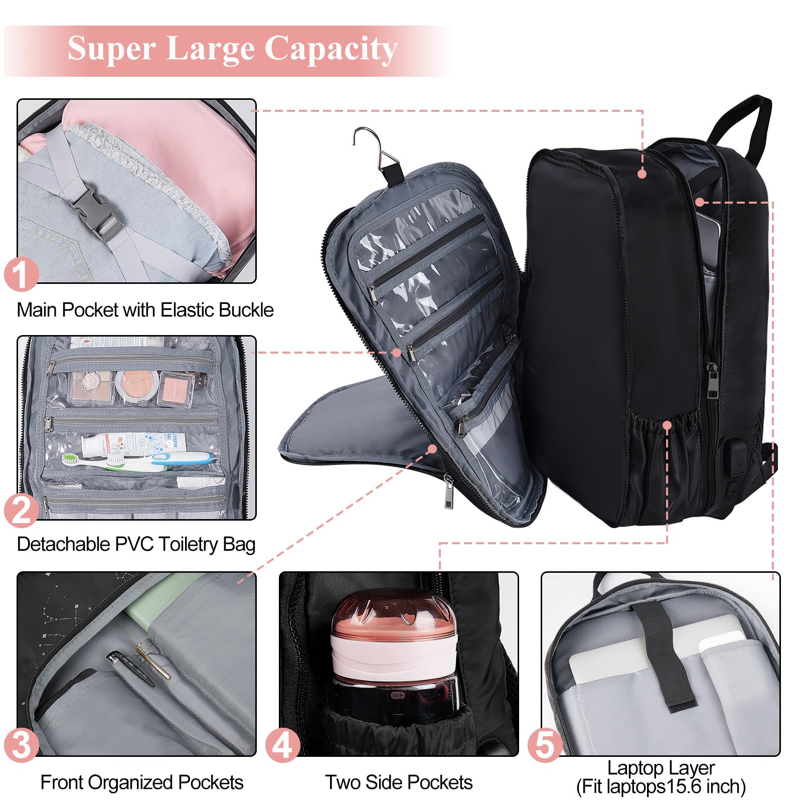 MHJY Carry On Backpack Travel Backpack for Women with Detachable Toiletry Bag,15.6 Inch Laptop Backpack Airline Approved,Black